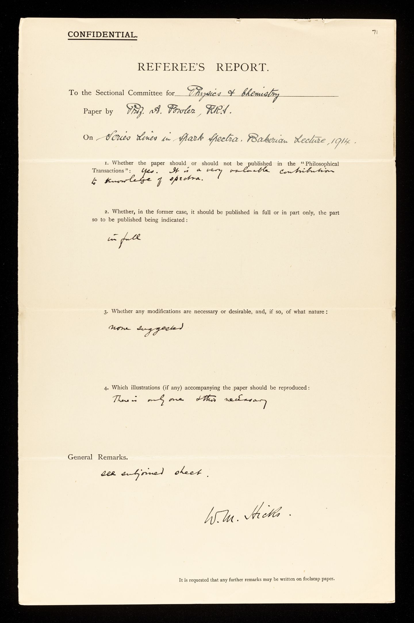 Referee's report by William Mitchinson Hicks, on the Bakerian Lecture ...