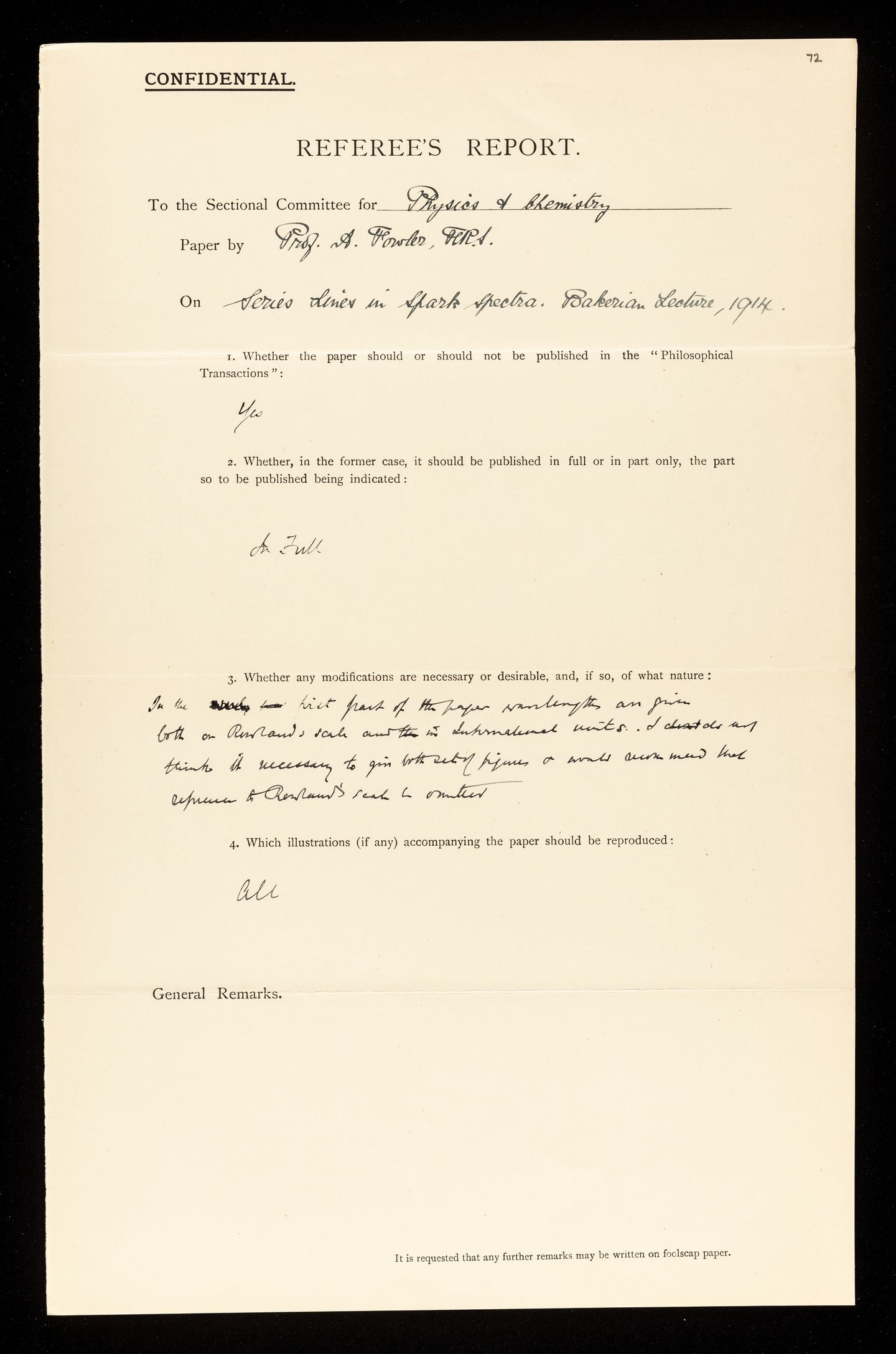 Referee's report by Arthur Schuster, on the Bakerian Lecture 'Series ...