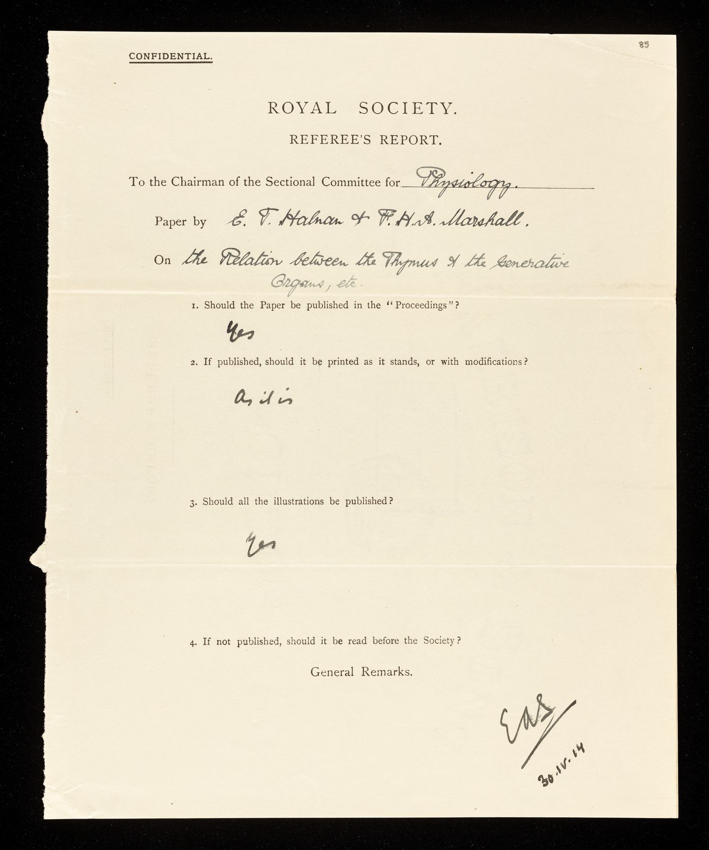 Referee's report by Edward Albert Sharpey-Schafer, on a paper 'On the ...