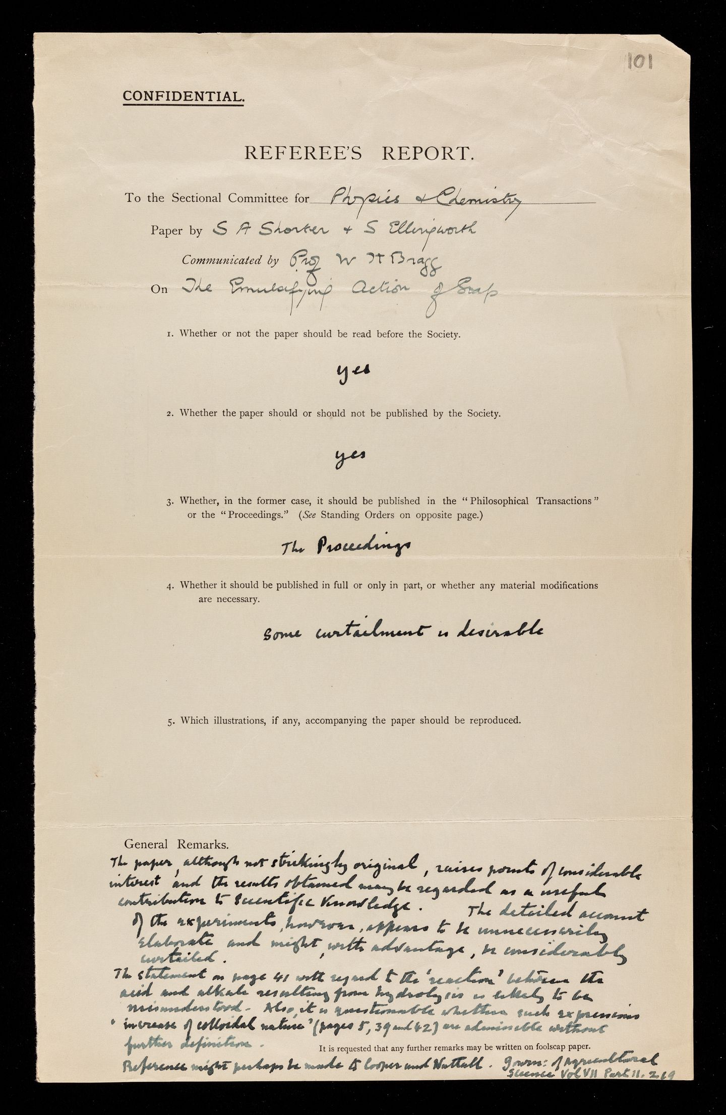Referee's report by Henry John Horstman Fenton, on a paper 'On the emulsifying action of soap ...
