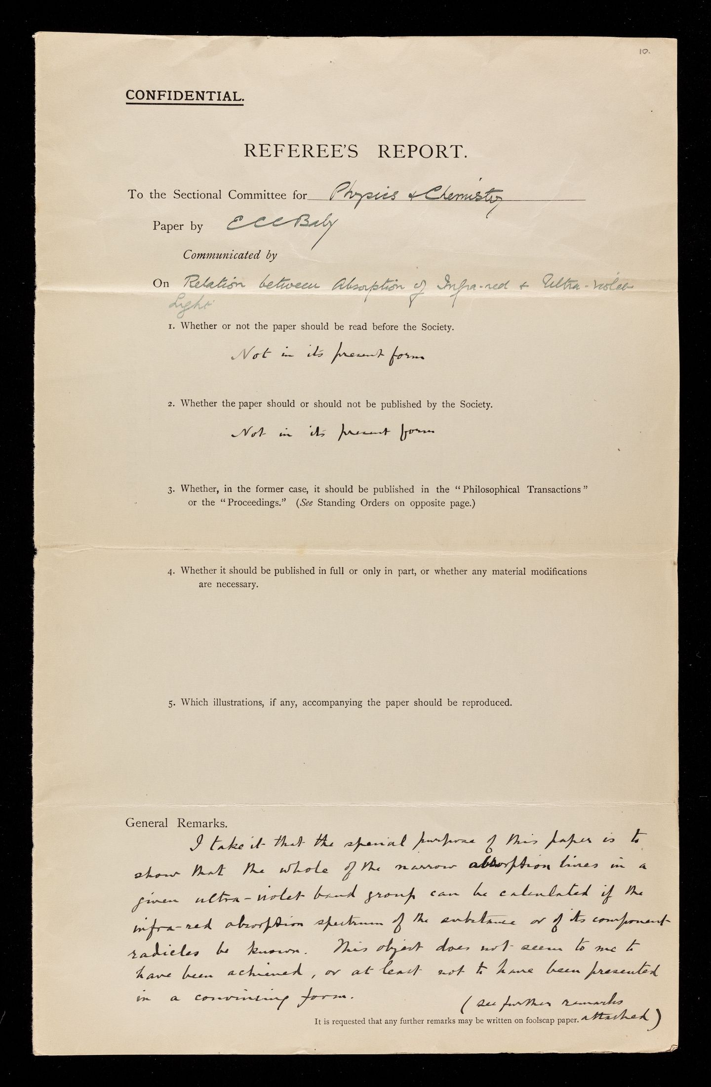 Referee's report by Alfred Fowler, on a paper 'Relation between ...