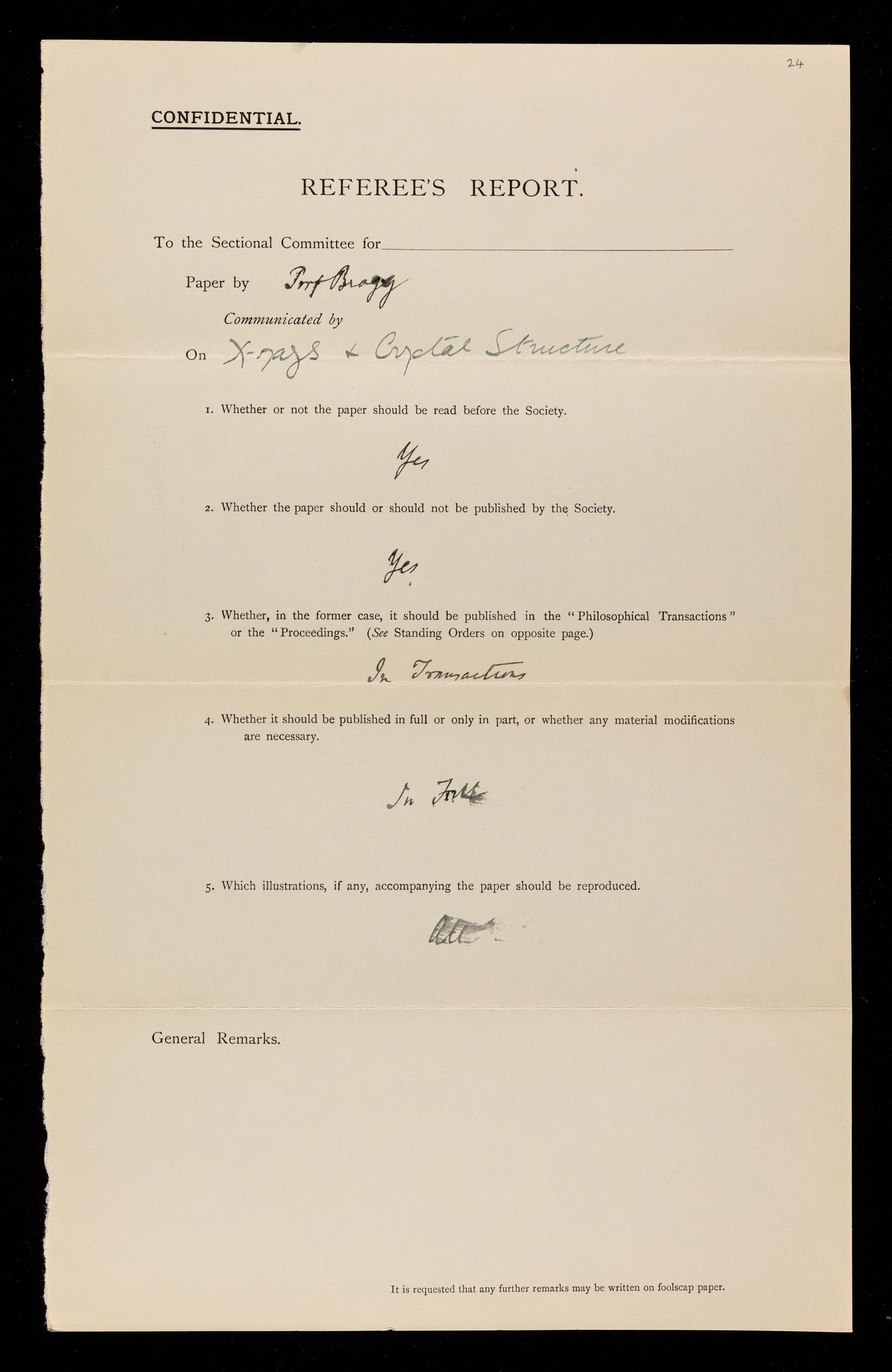 Referee's report by Arthur Schuster, on a paper 'X-rays and crystal structure' by William Henry ...