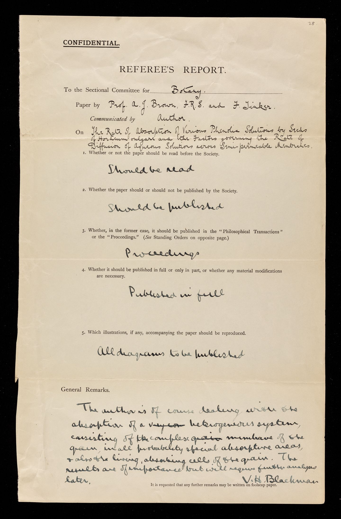 Referee's report by Vernon Herbert Blackman, on a paper 'The rate of absorption of various ...