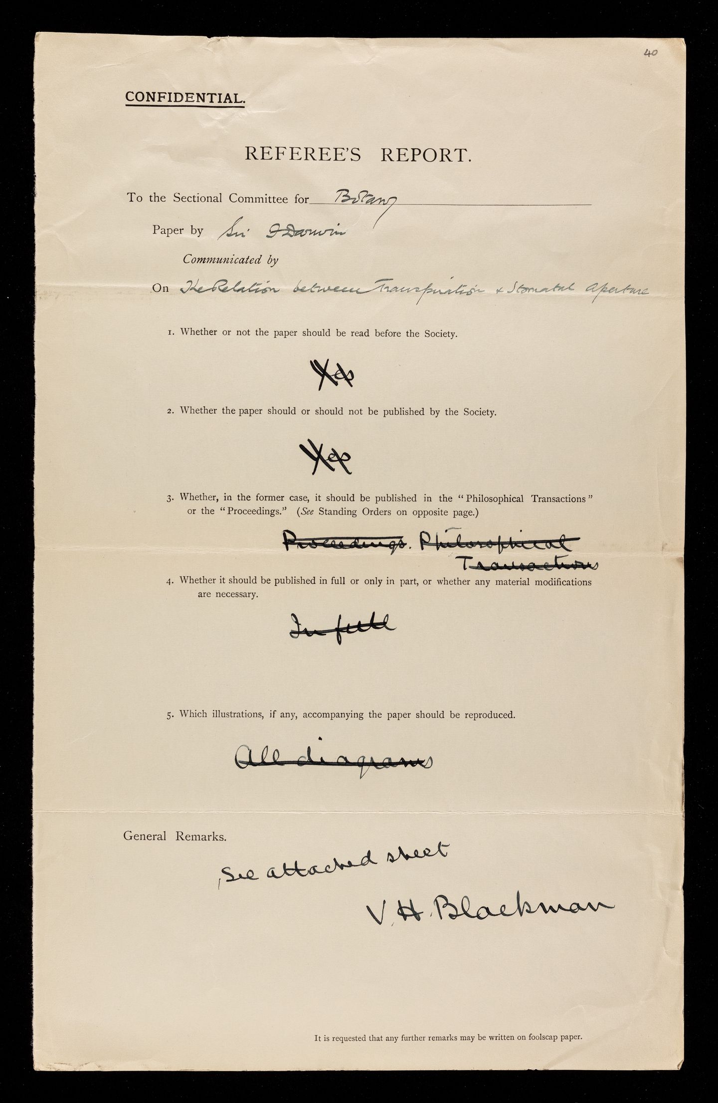 Referee's report by Vernon Herbert Blackman, on a paper 'On the relation between transpiration ...