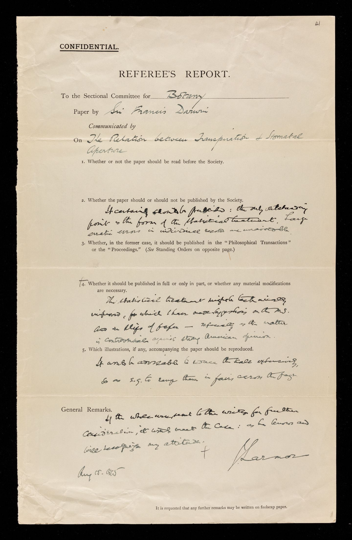 Referee's report by Joseph Larmor, on a paper 'On the relation between ...