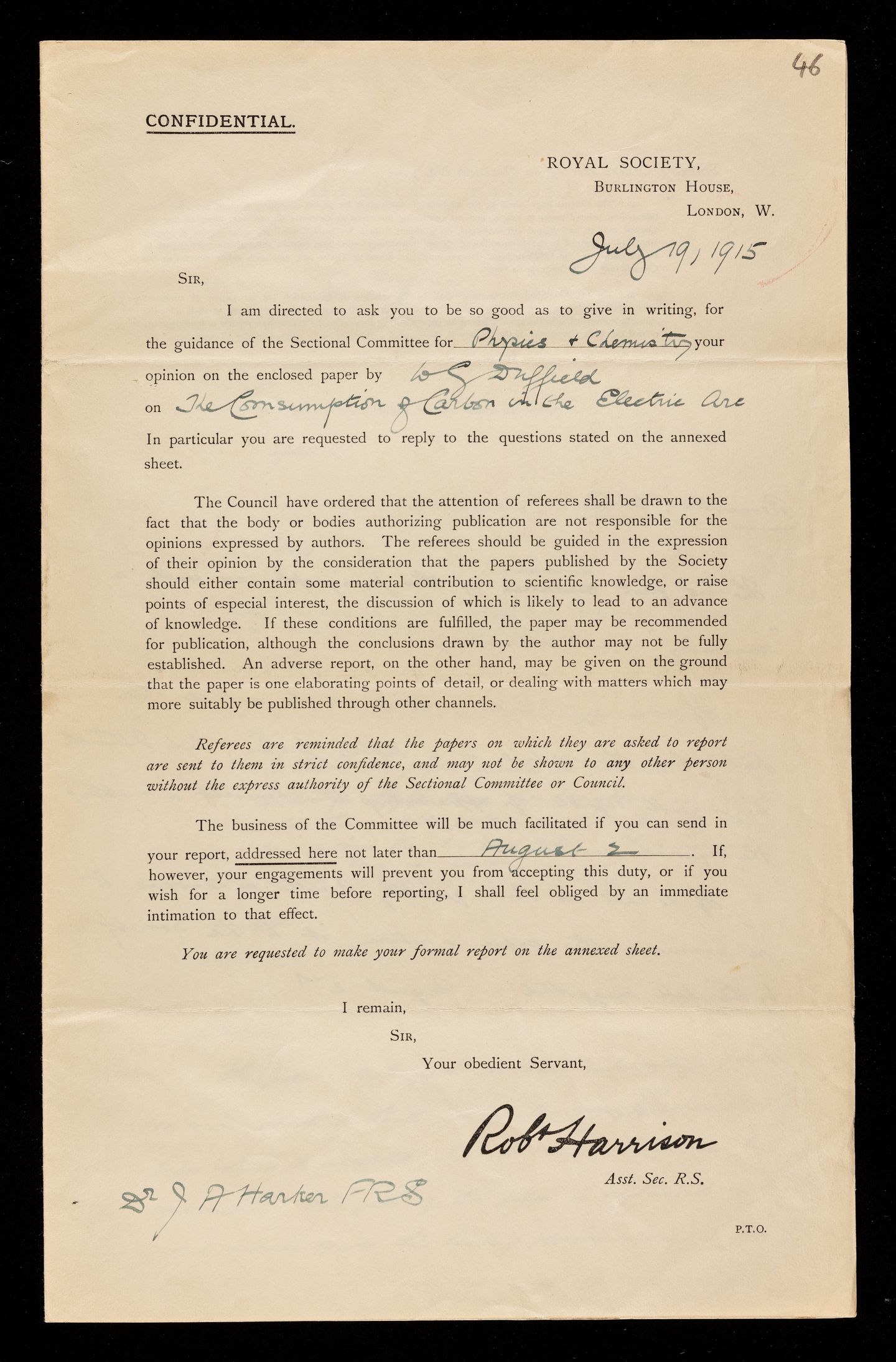 Referee's report by John Allen Harker, on a paper 'The consumption of ...