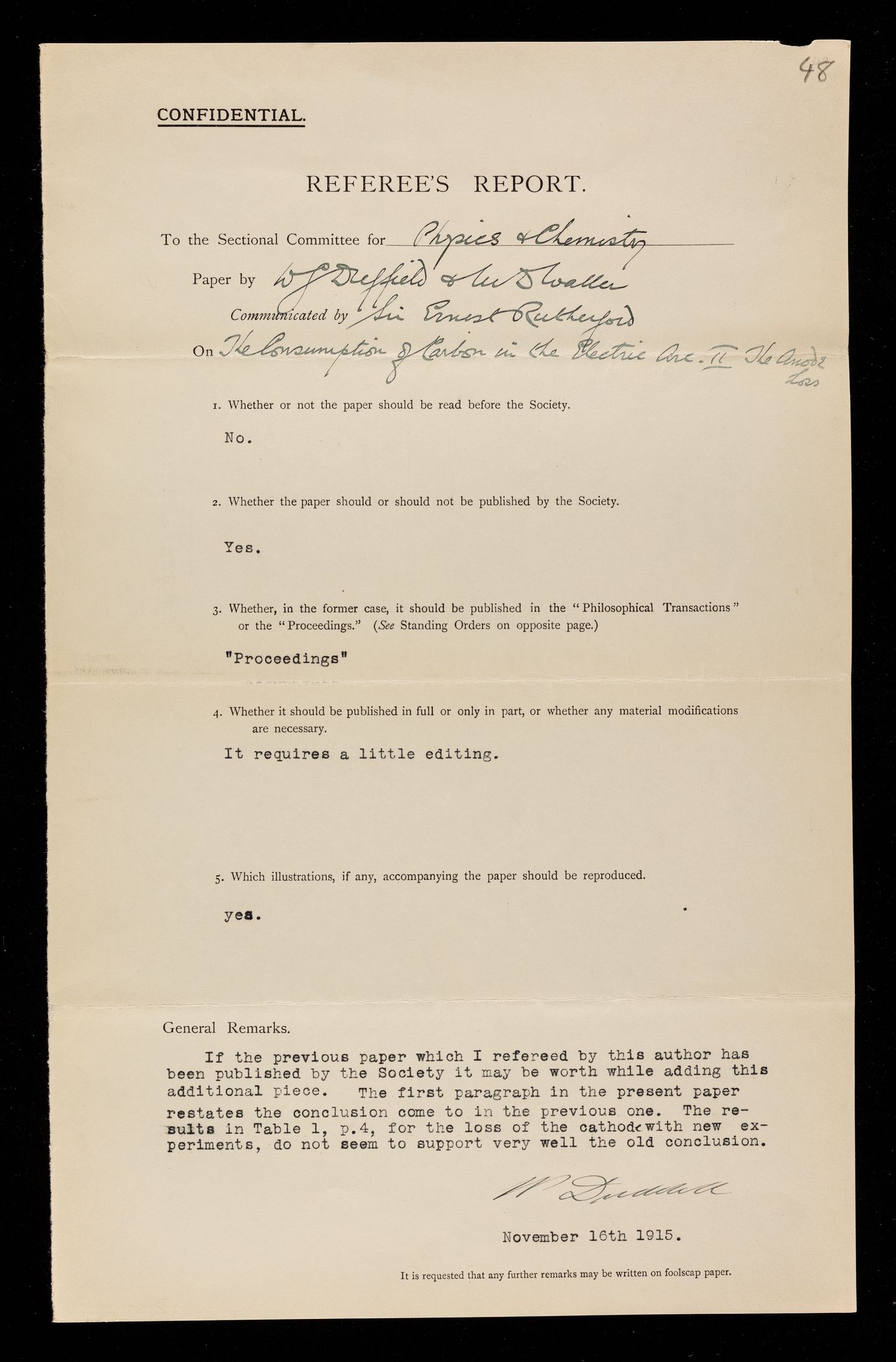 Referee's report by William Duddell, on a paper 'The consumption of ...