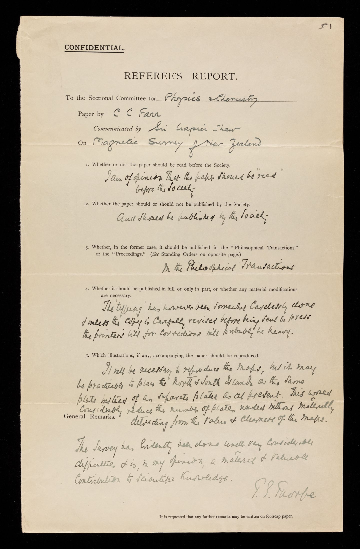 Referee's report by Thomas Edward Thorpe, on a paper 'A magnetic survey ...