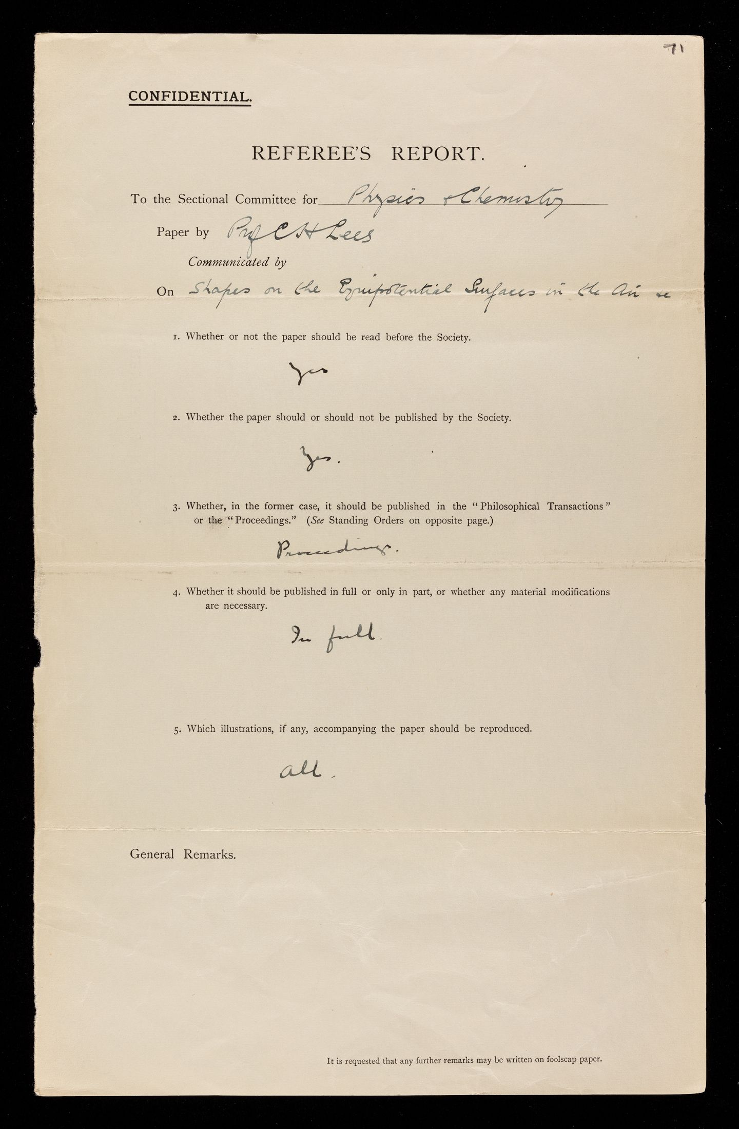 Referee's report by Charles Thomson Rees Wilson, on a paper 'On the ...