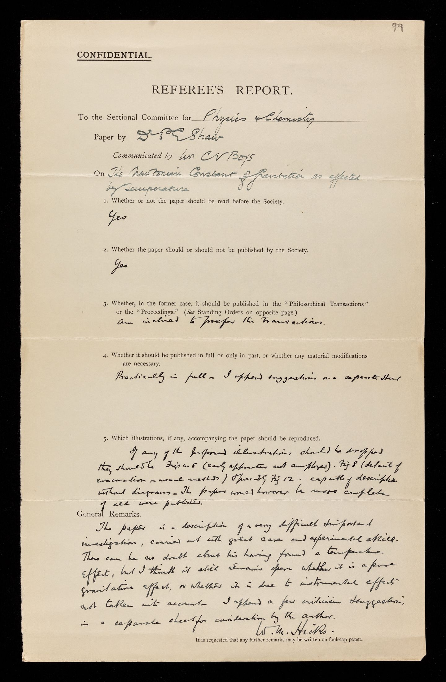 Referee's report by William Mitchinson Hicks, on a paper 'The newtonian ...