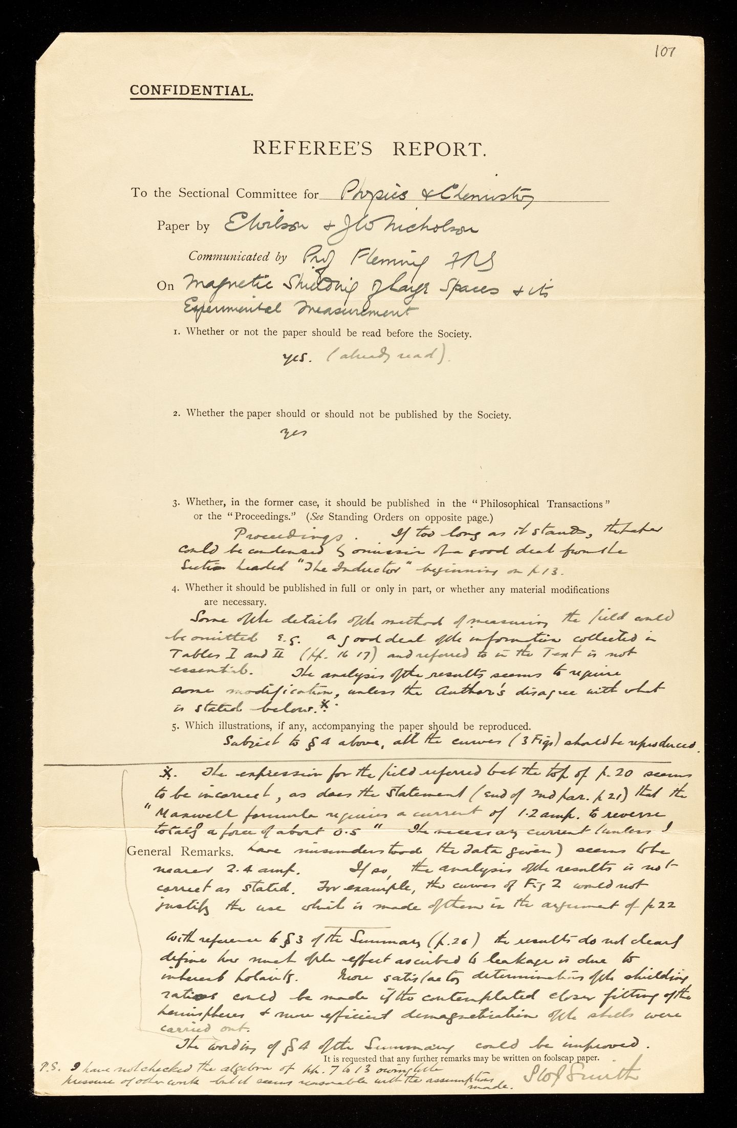 Referee's report by Samuel Walter Johnson Smith, on a paper 'On the ...