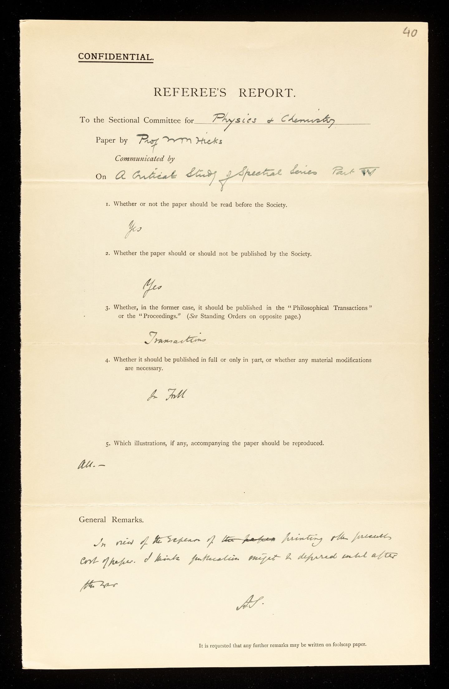 Referee's report by Arthur Schuster, on a paper 'A critical study of ...