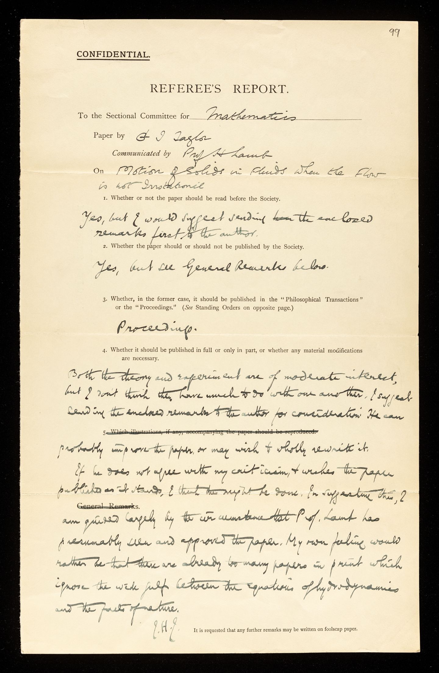 Referee's report by John Hopwood Jeans, on a paper 'Motion of solids in ...