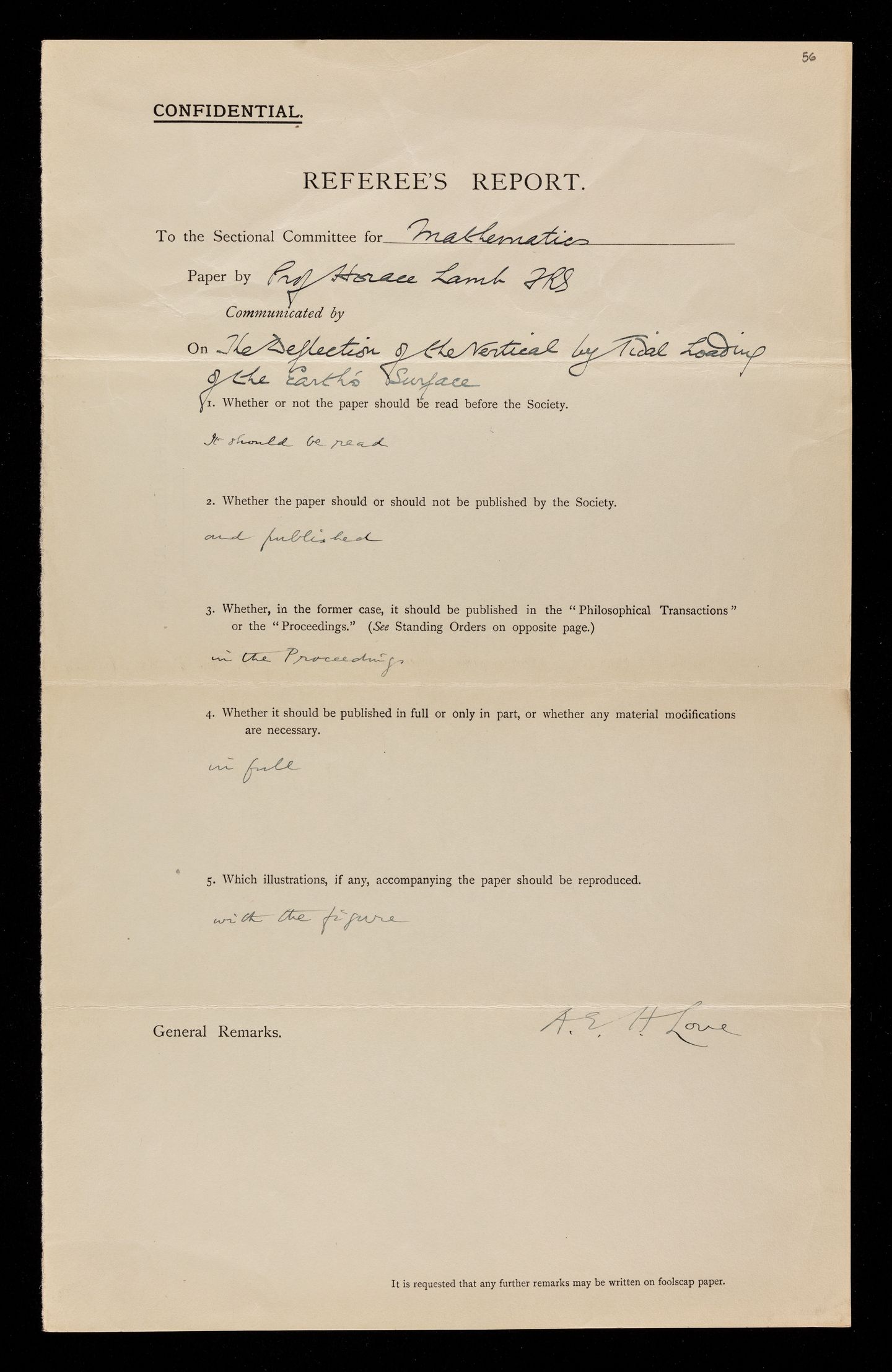 Referee's report by Augustus Edward Hough Love, on a paper 'On the ...
