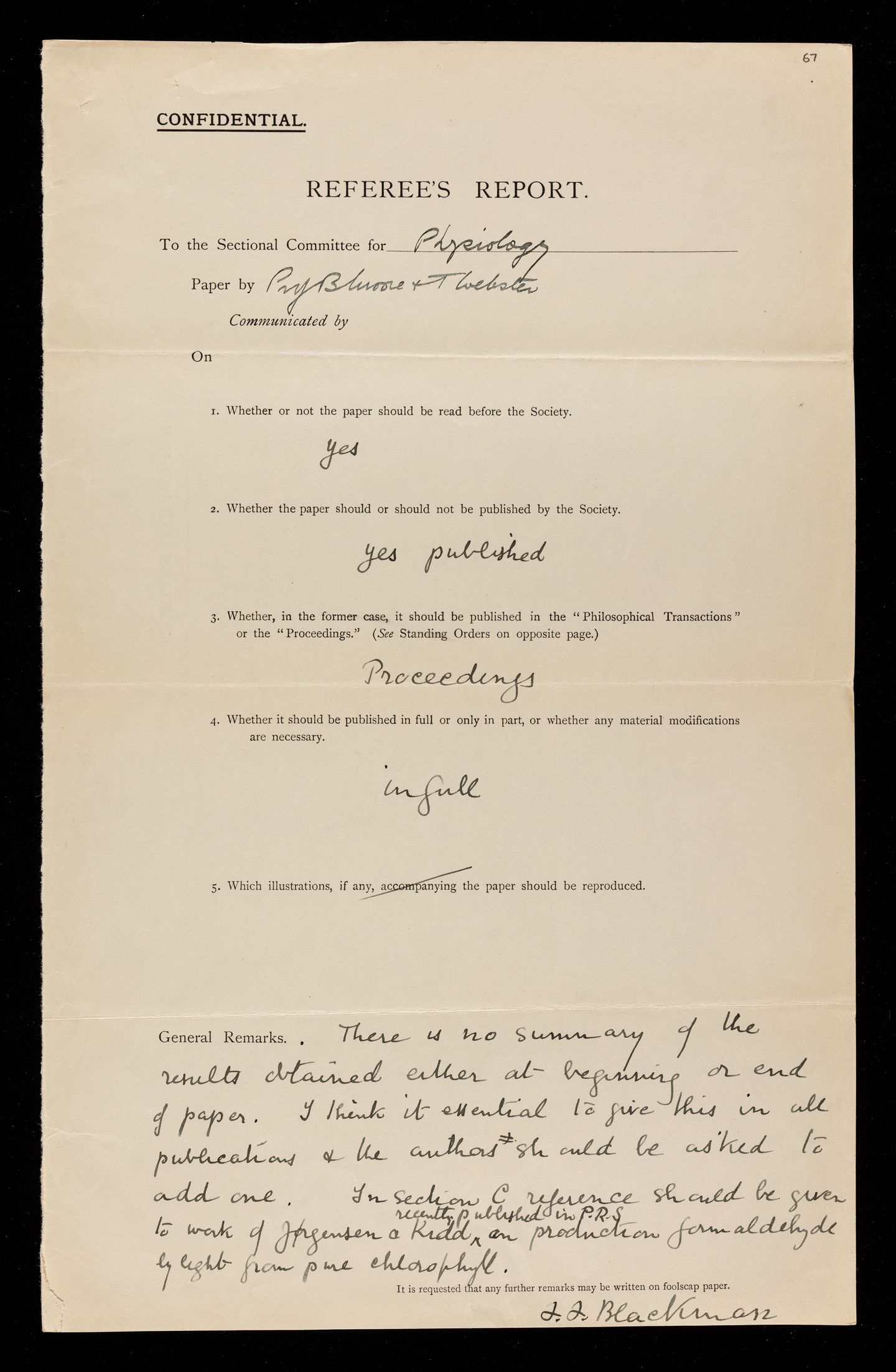 Referee's report by Frederick Frost Blackman, on a paper 'Action of light rays on organic ...
