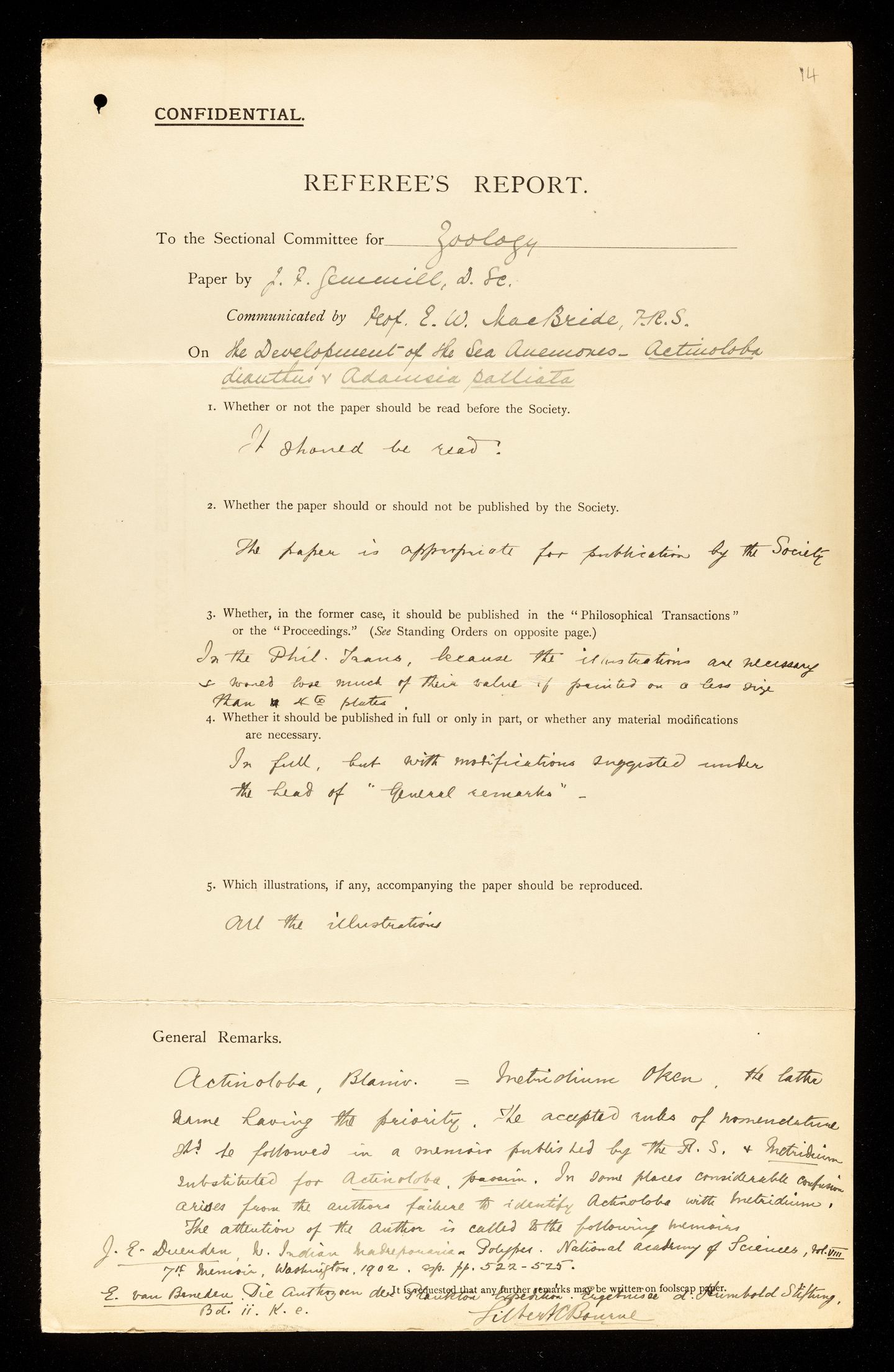 Referee's report by Gilbert Charles Bourne, on a paper 'The development ...