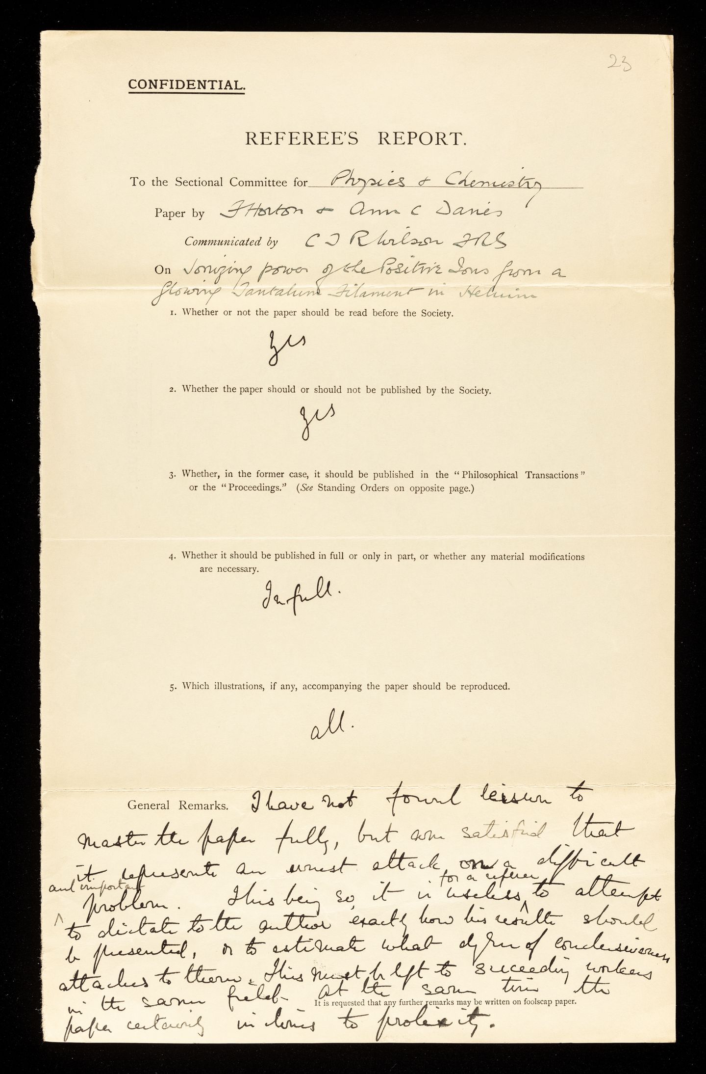 Referee's report by Robert John Strutt, Lord Rayleigh, on a paper 'An ...