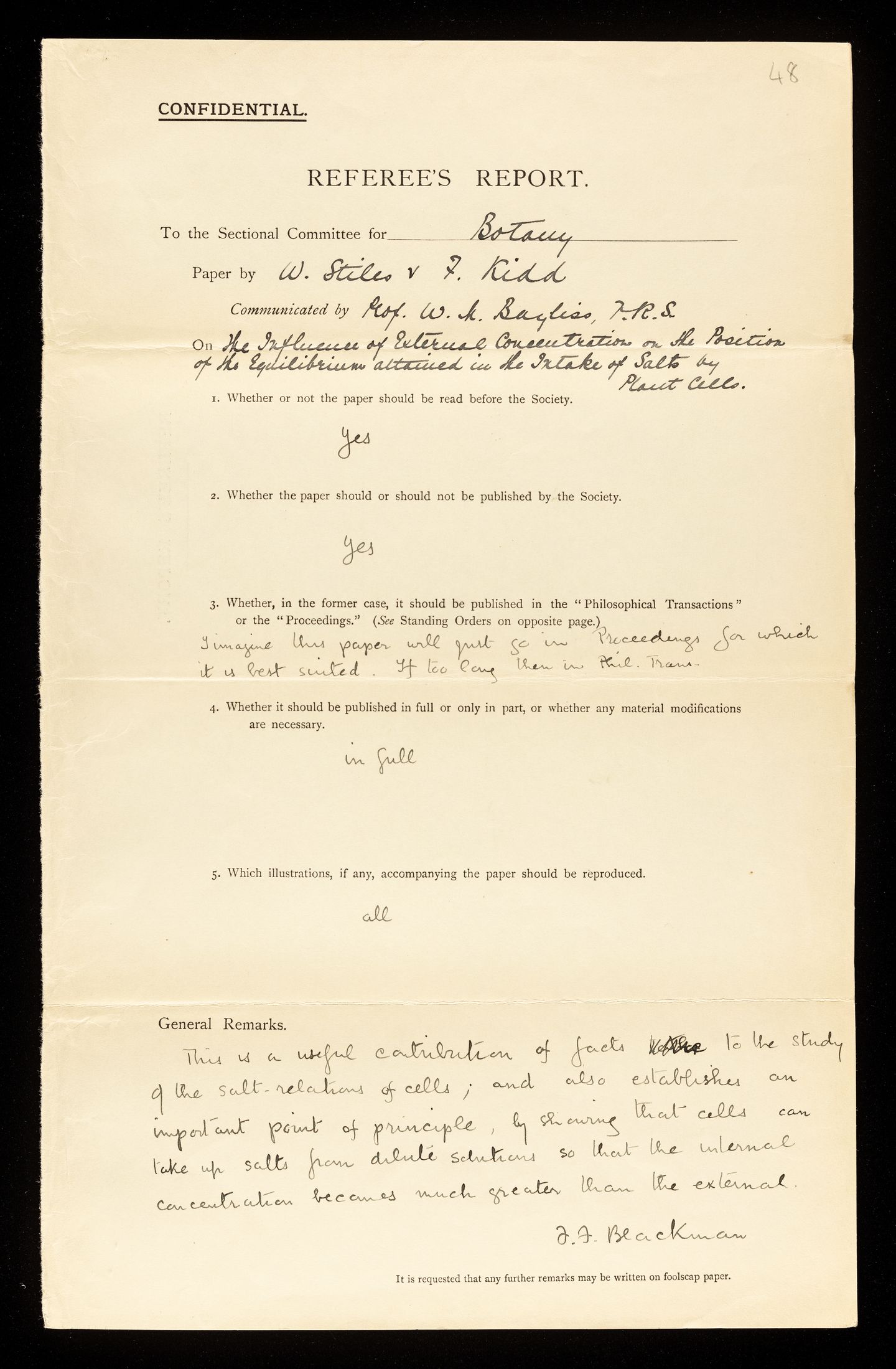 Referee's report by Frederick Frost Blackman, on a paper 'The influence of external ...