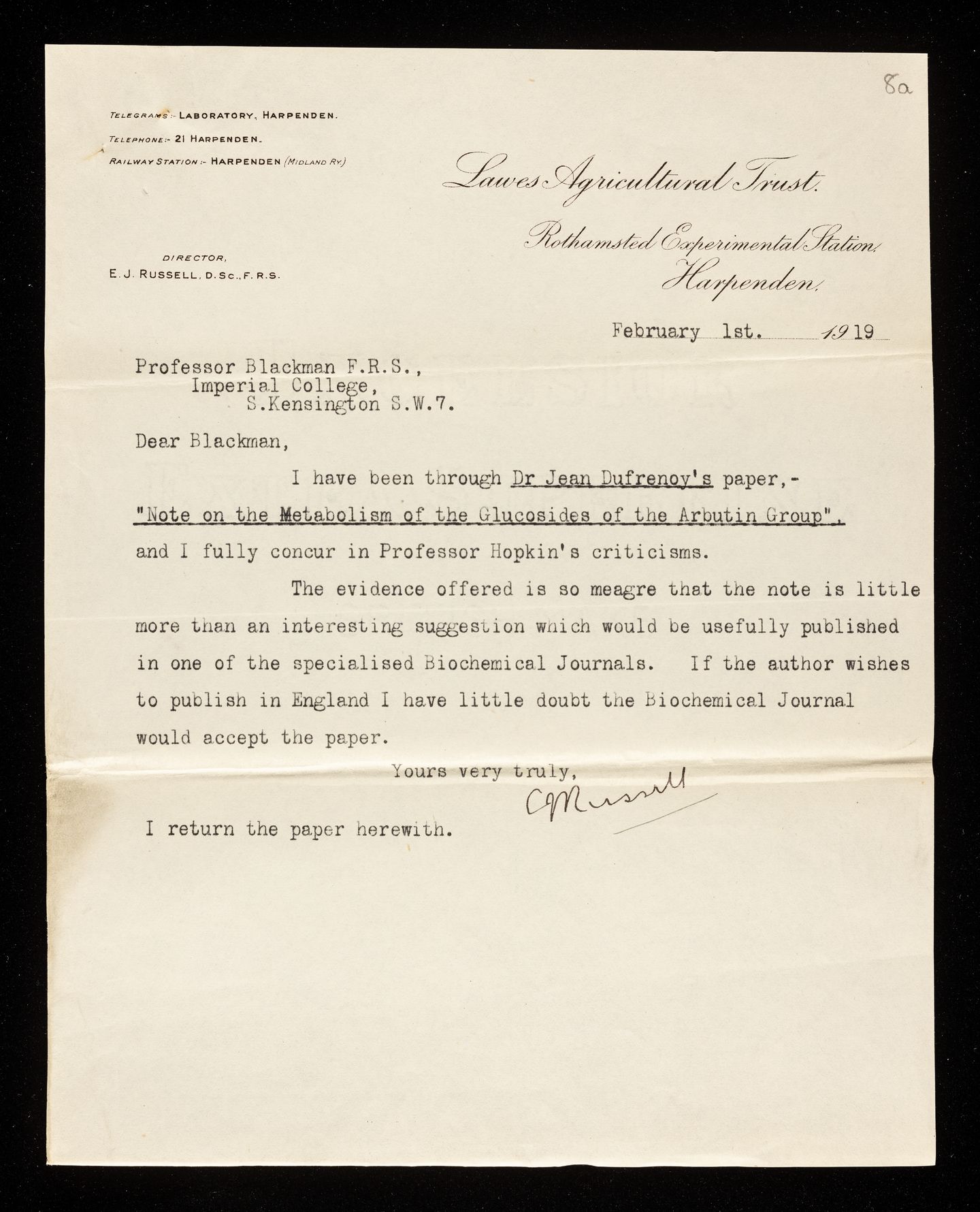 Referee's report by Edward John Russell, on a paper 'Note on the ...