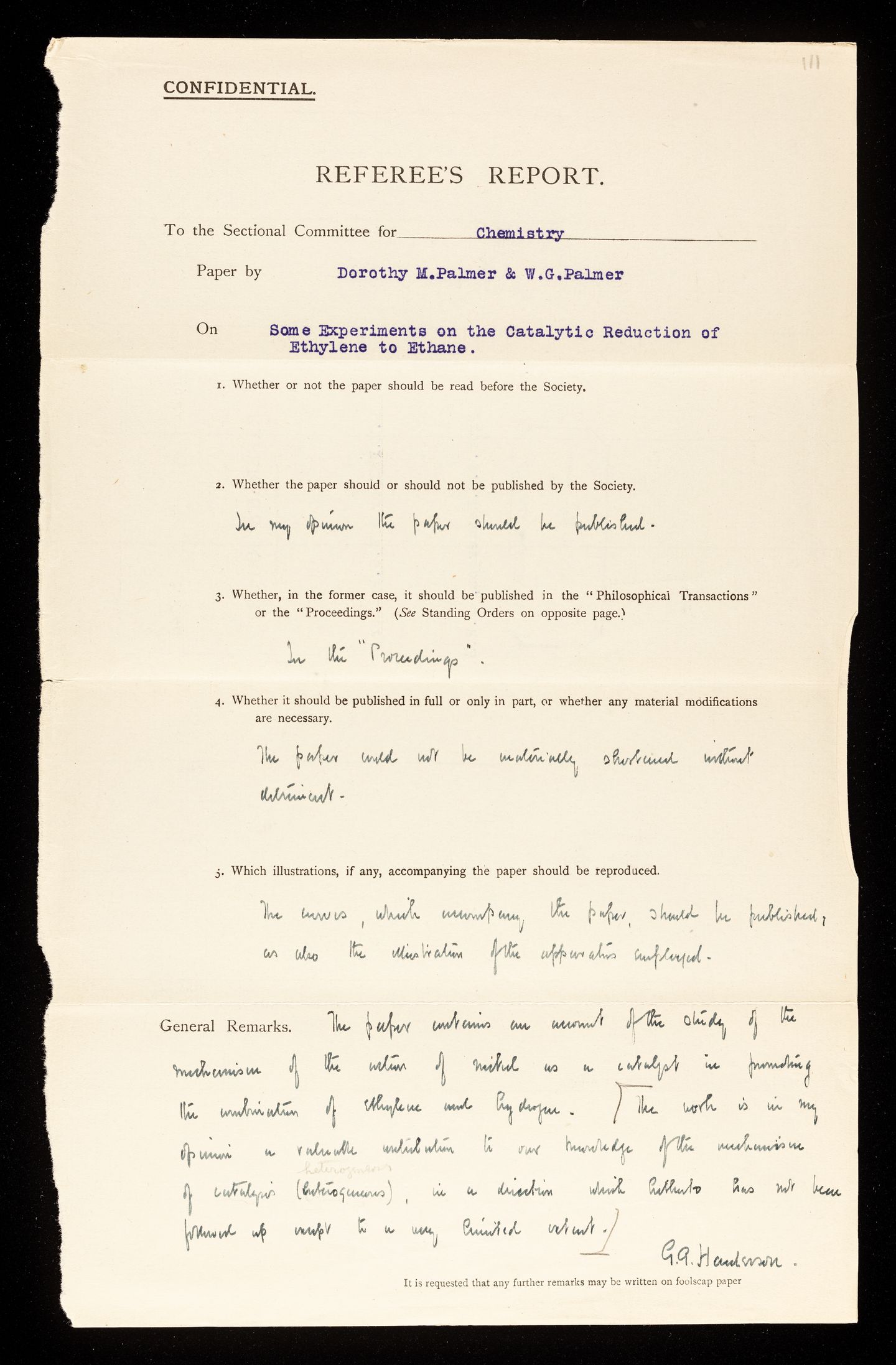 Referee's report by George Gerald Henderson, on a paper 'Some ...
