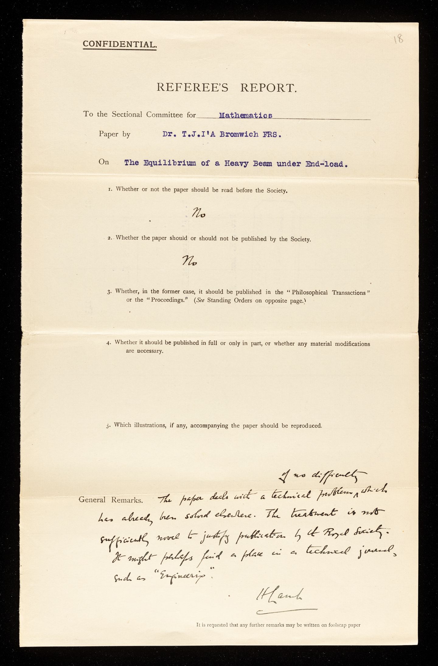 Referee's report by Horace Lamb, on a paper 'The equilibrium of a heavy ...