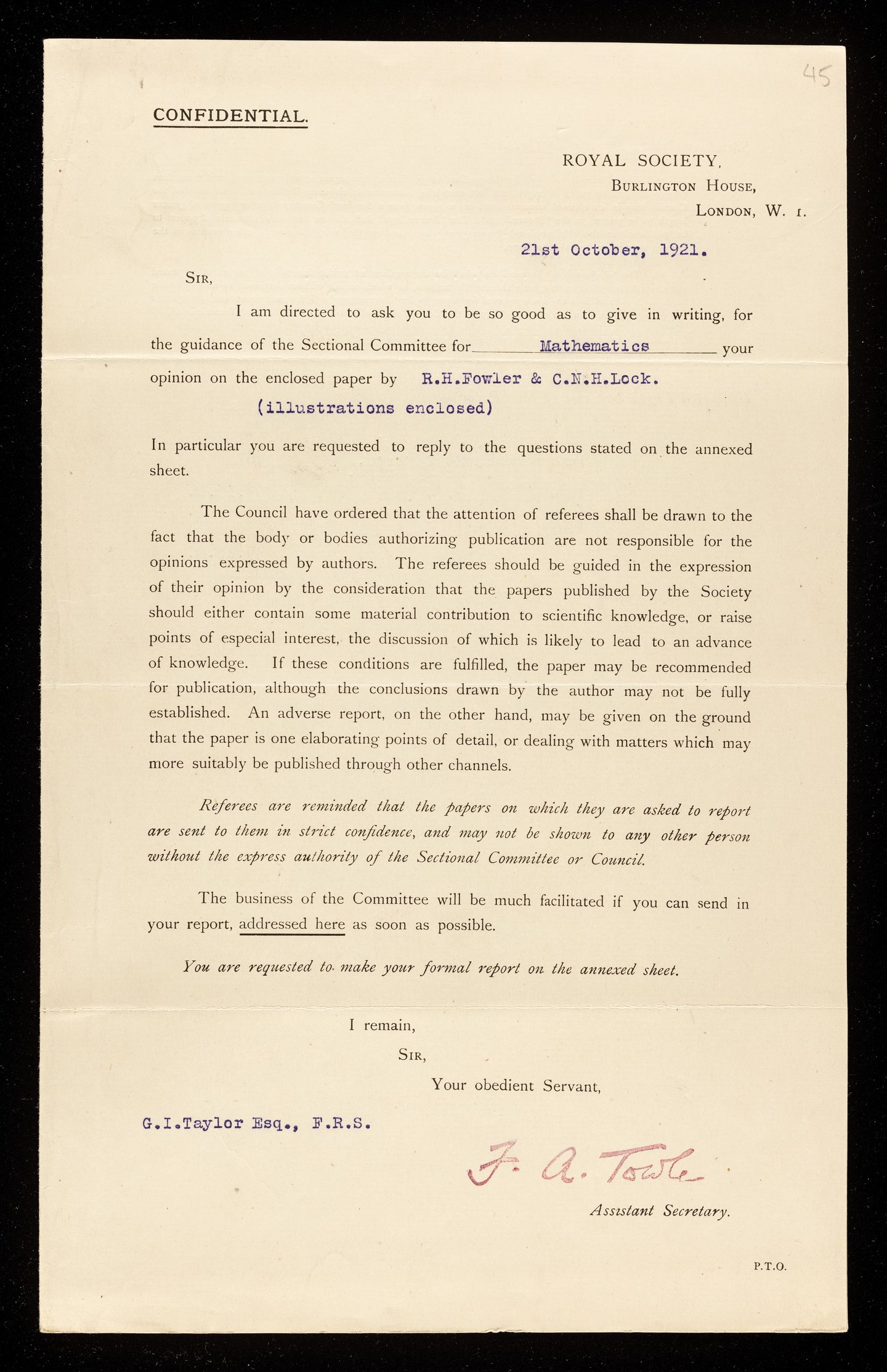 Referee's report by Geoffrey Ingram Taylor, on a paper 'The ...