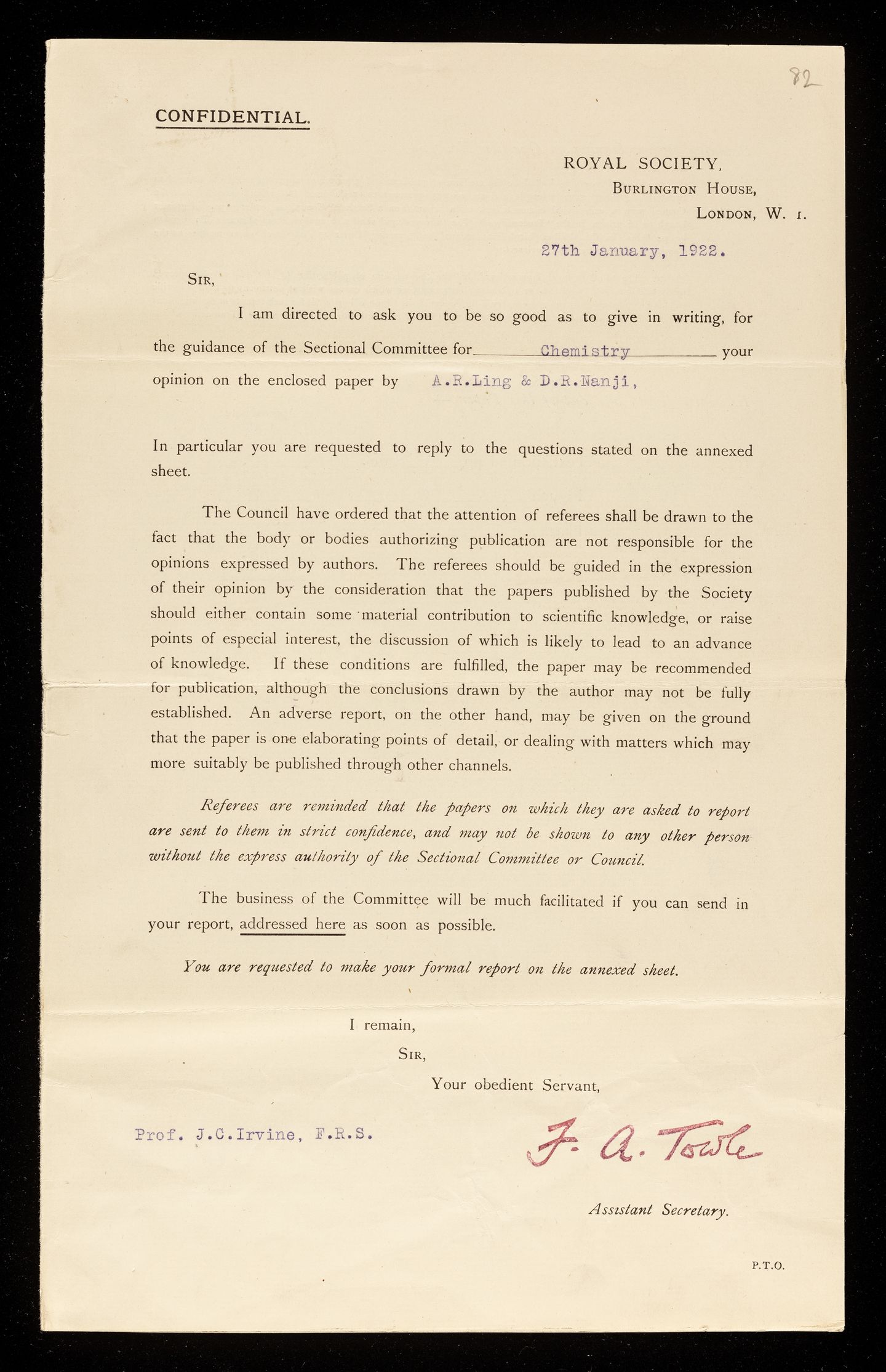 Referee's report by James Colquhoun Irvine, on a paper 'The action of ...