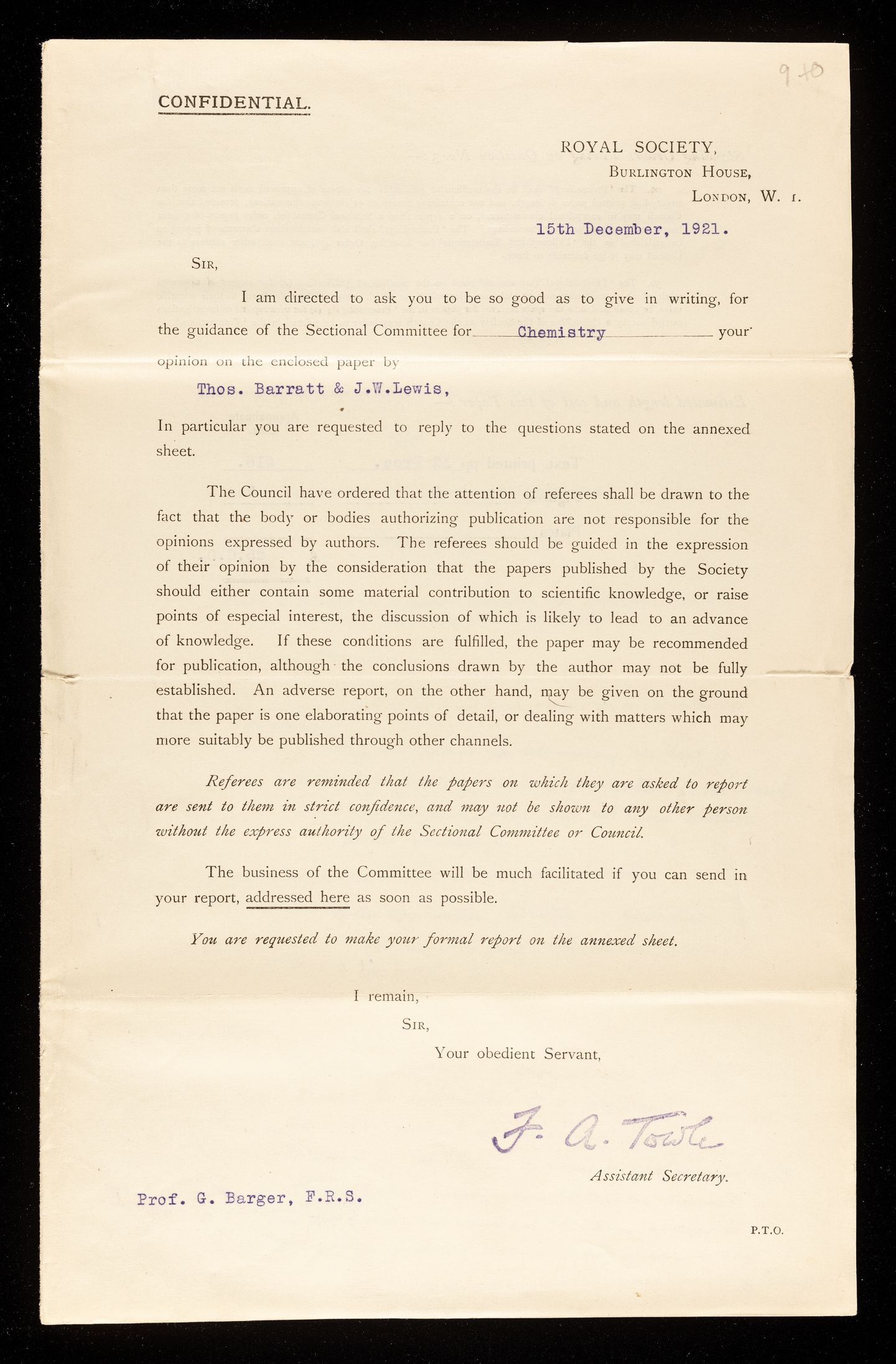 Referee's report by George Barger, on a paper 'The heat developed by ...