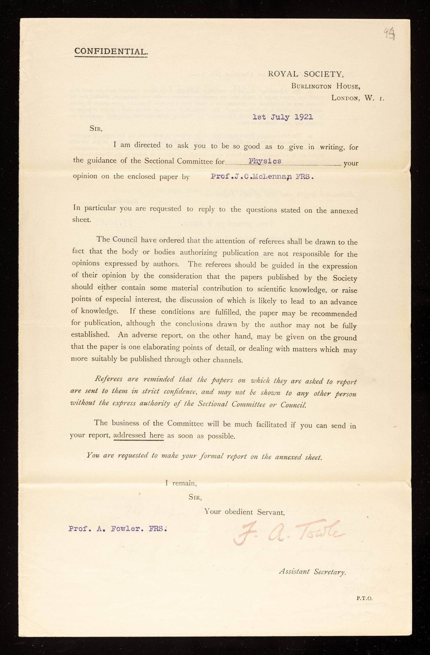 Referee's report by Alfred Fowler, on a paper 'On the refractive ...