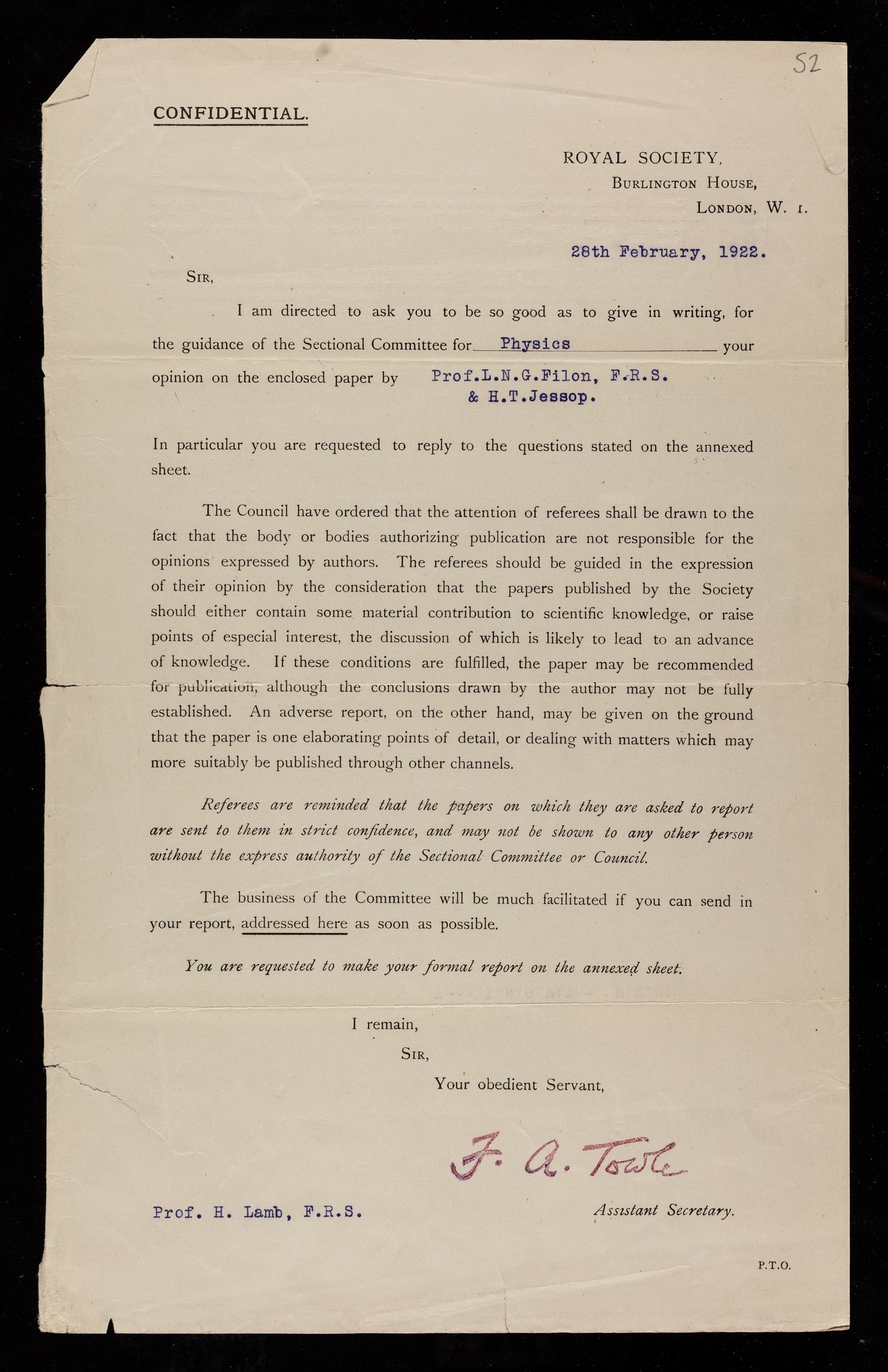 Referee's report by Horace Lamb, on a paper 'On the stress-optical ...