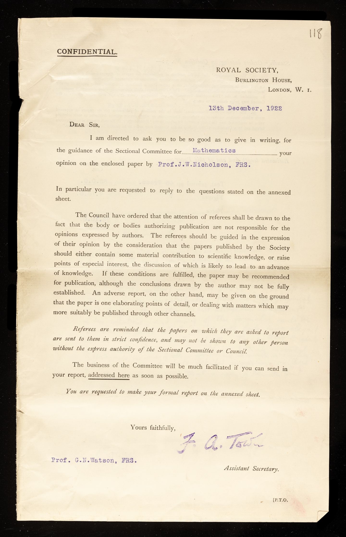 Referee's report by George Neville Watson, on a paper 'Oblate ...