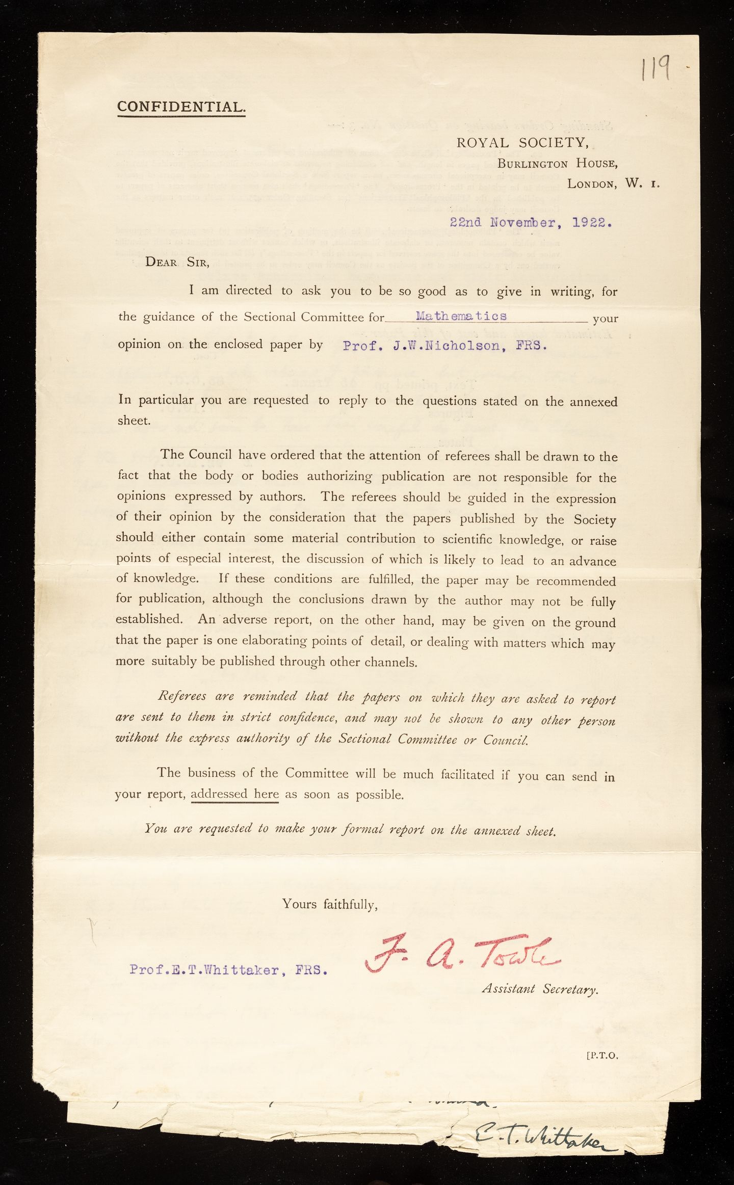 Referee's report by Edmund Taylor Whittaker, on a paper 'Oblate ...