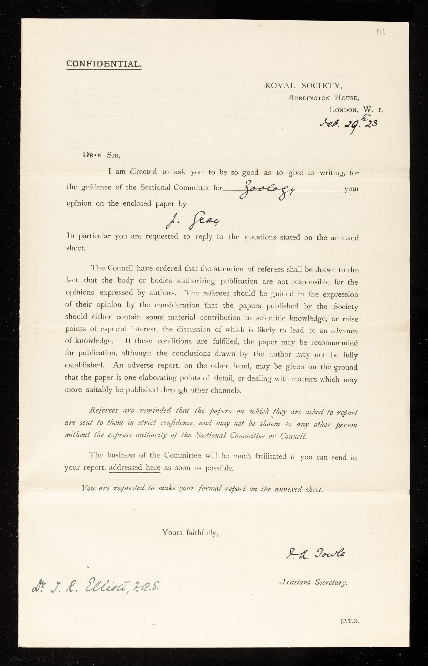 Referee's report by Thomas Renton Elliott, on a paper 'The mechanism of ...