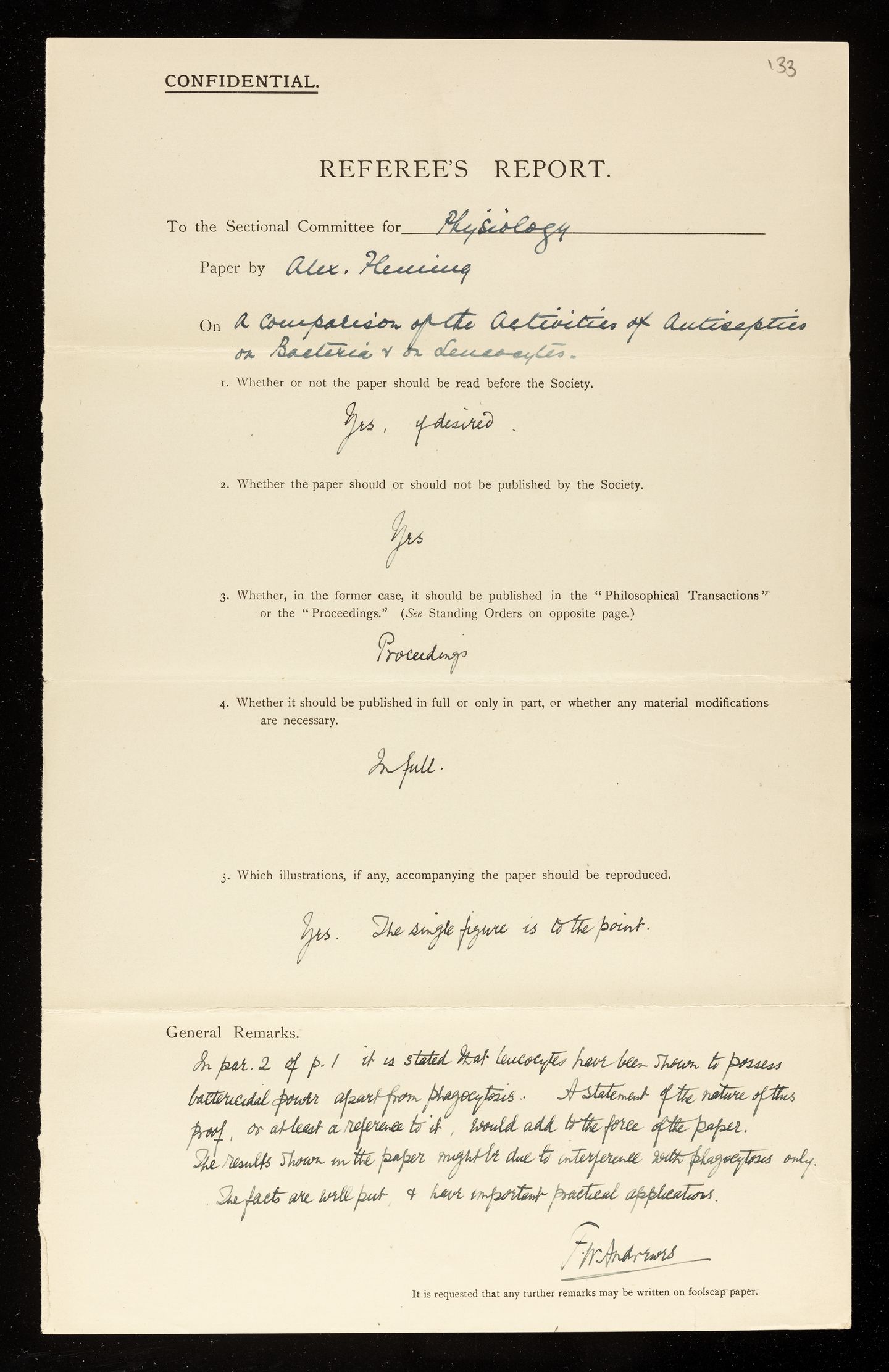 Referee's report by Frederick William Andrewes, on a paper 'A ...