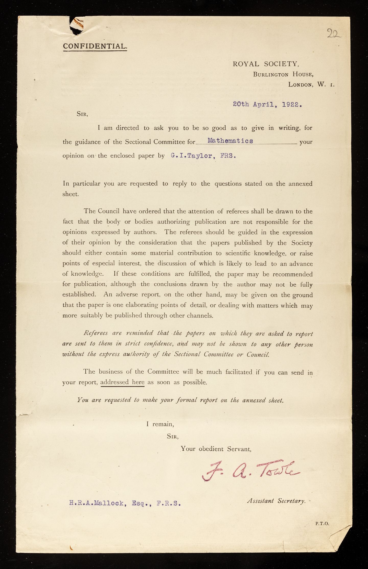 Referee's report by Henry Reginald Arnulph Mallock, on a paper ...