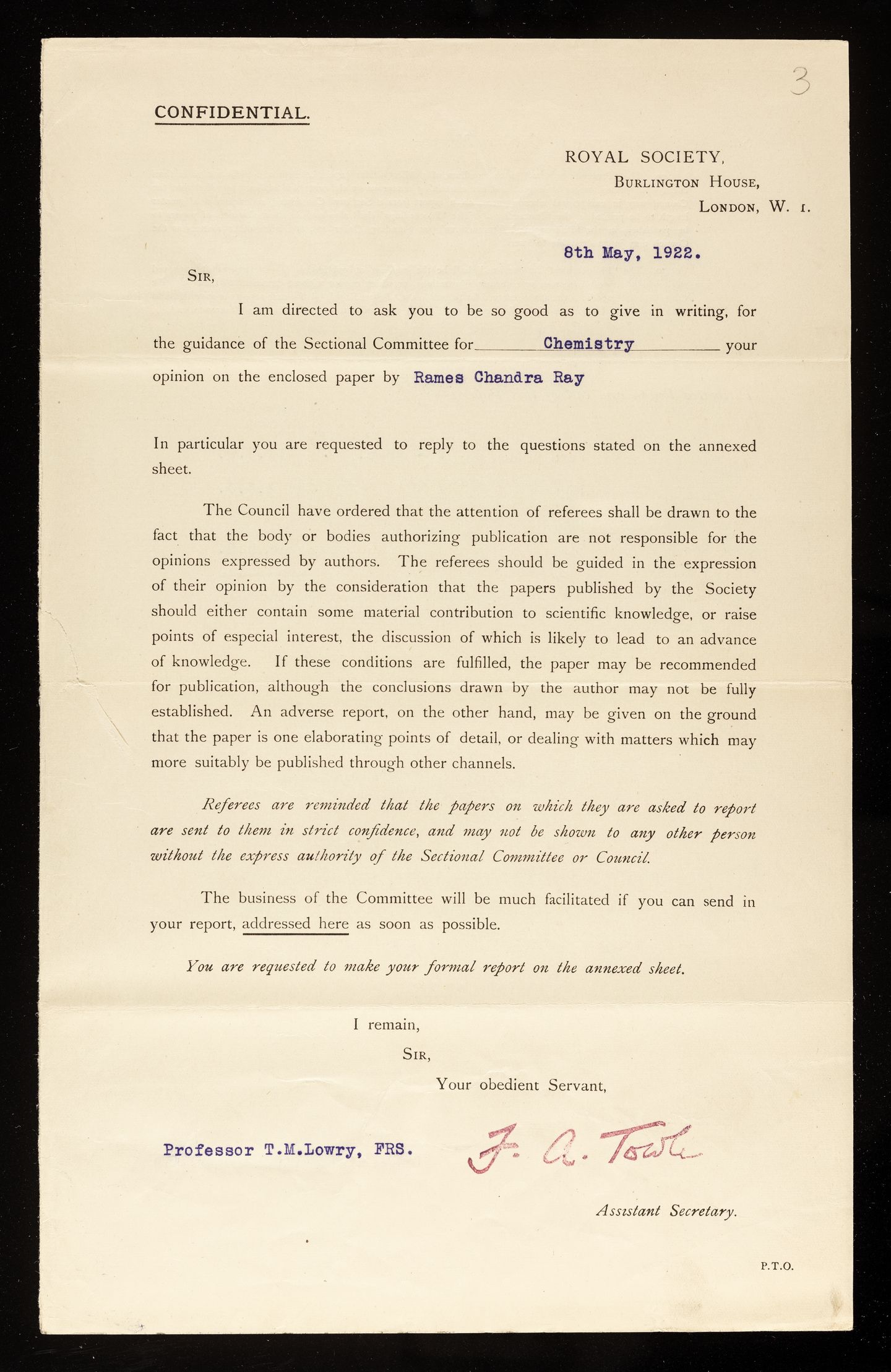 Referee's report by Thomas Martin Lowry, on a paper 'Heat of ...