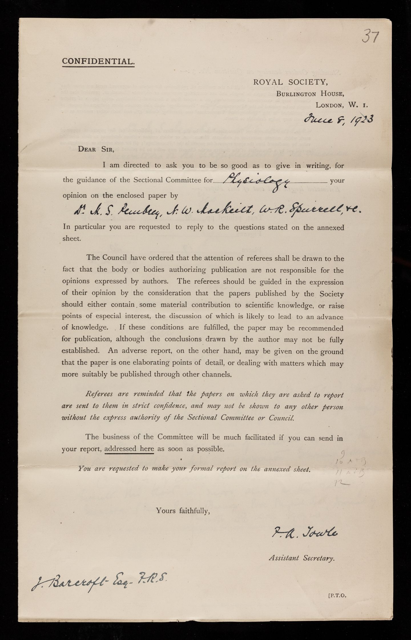 Referee's report by Joseph Barcroft, on a paper 'Observations on the ...