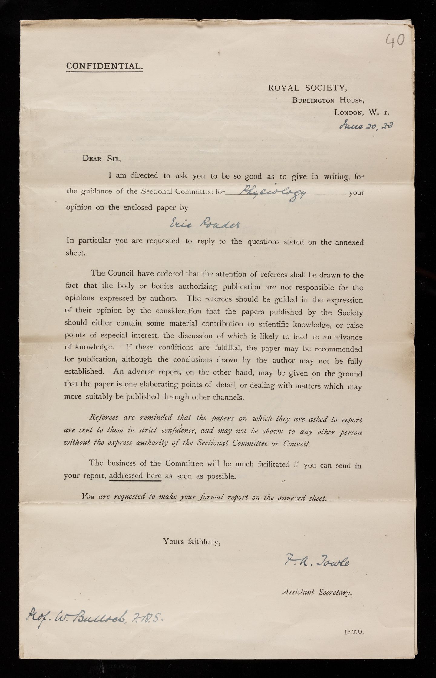 Referee's report by William Bulloch, on a paper 'The inhibitory effect of blood serum on ...