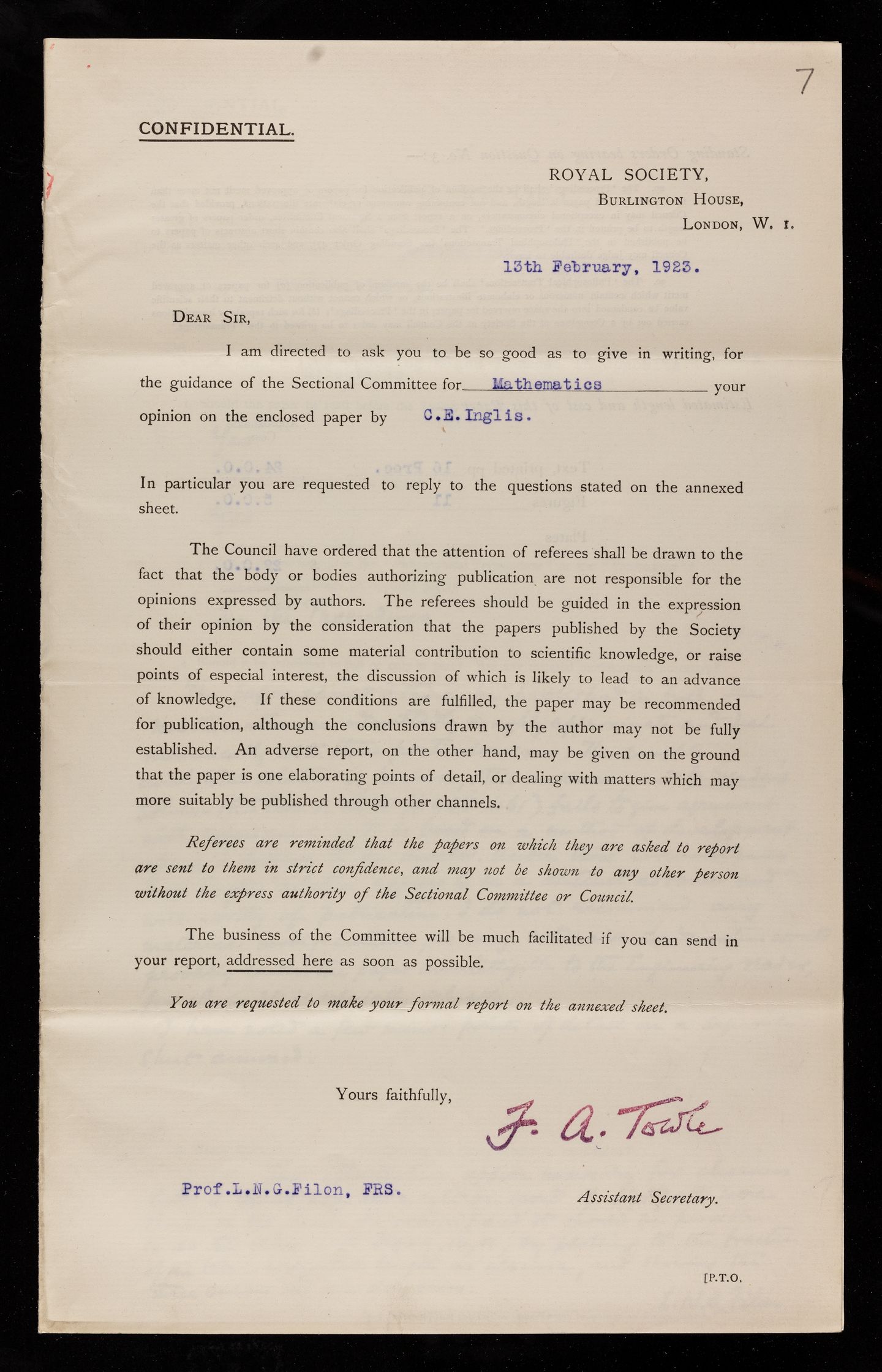 Referee's report by Louis Napoleon George Filon, on a paper 'Stress ...