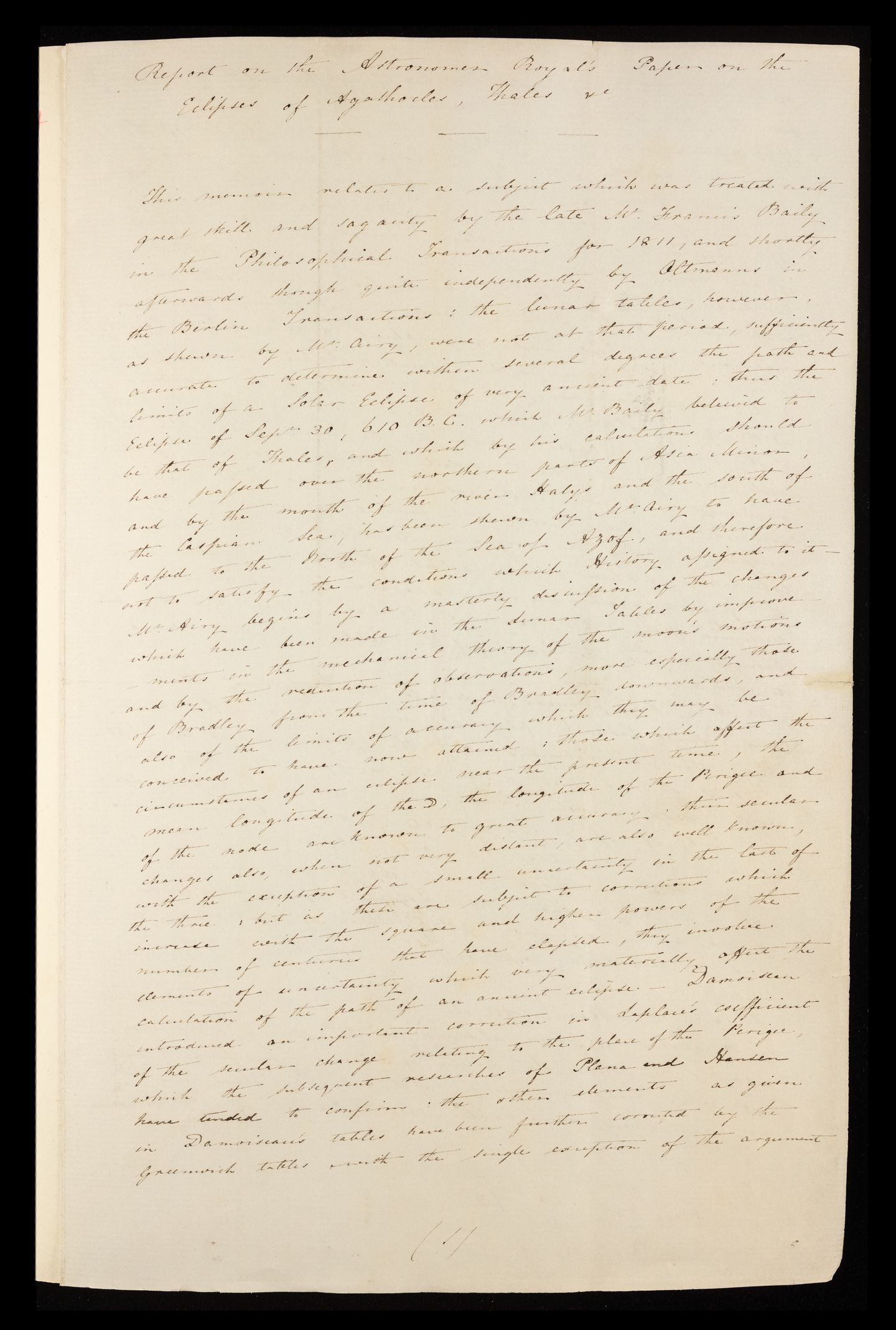 Referee's report by George Peacock, on a paper 'On the eclipses of ...