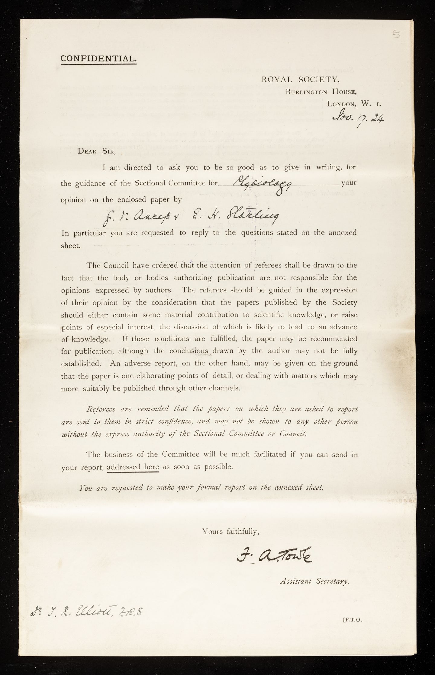 Referee's report by Thomas Renton Elliott, on a paper 'Central and ...