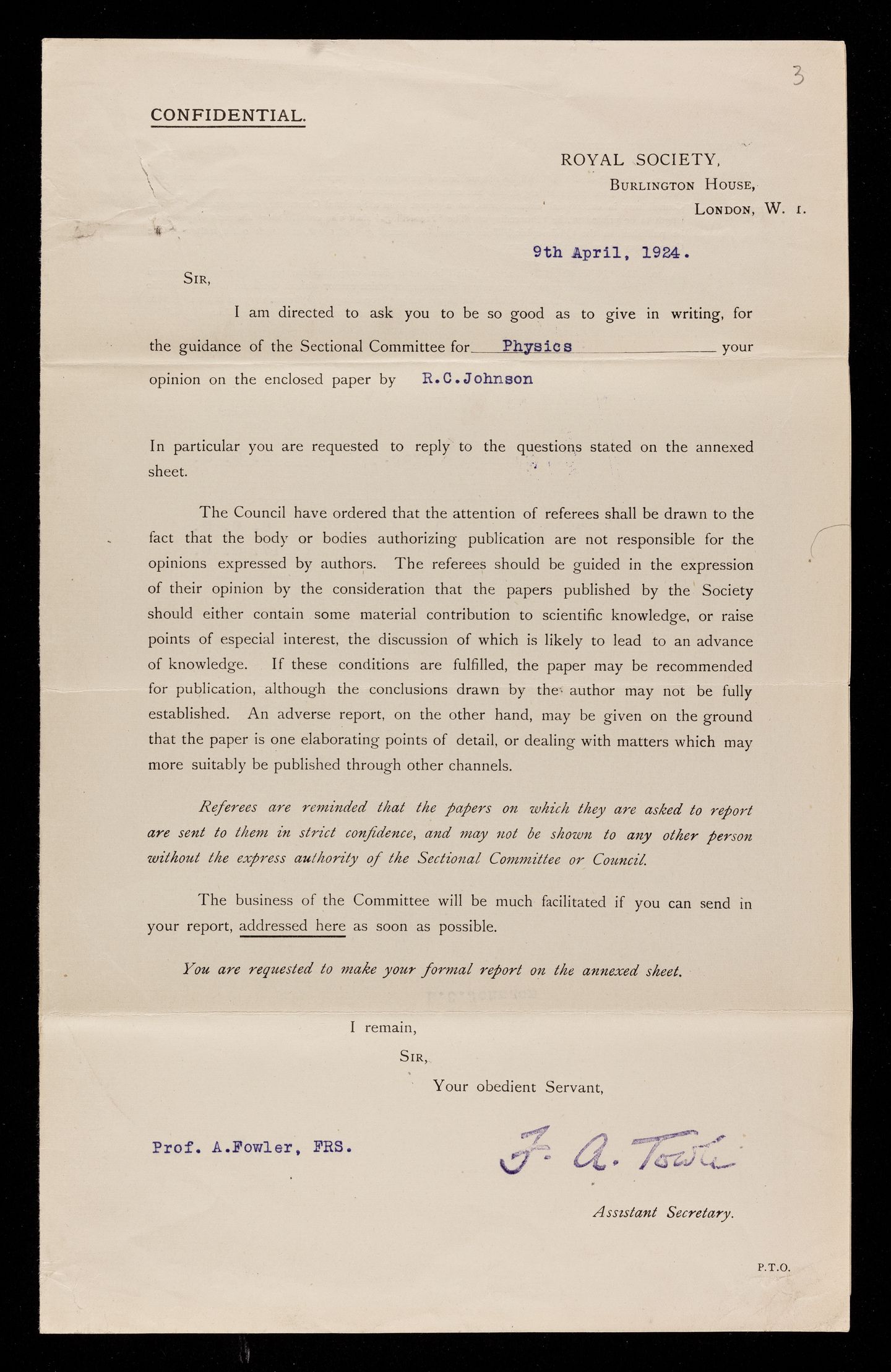 Referee's report by Alfred Fowler, on a paper 'Ultra-violet emission ...