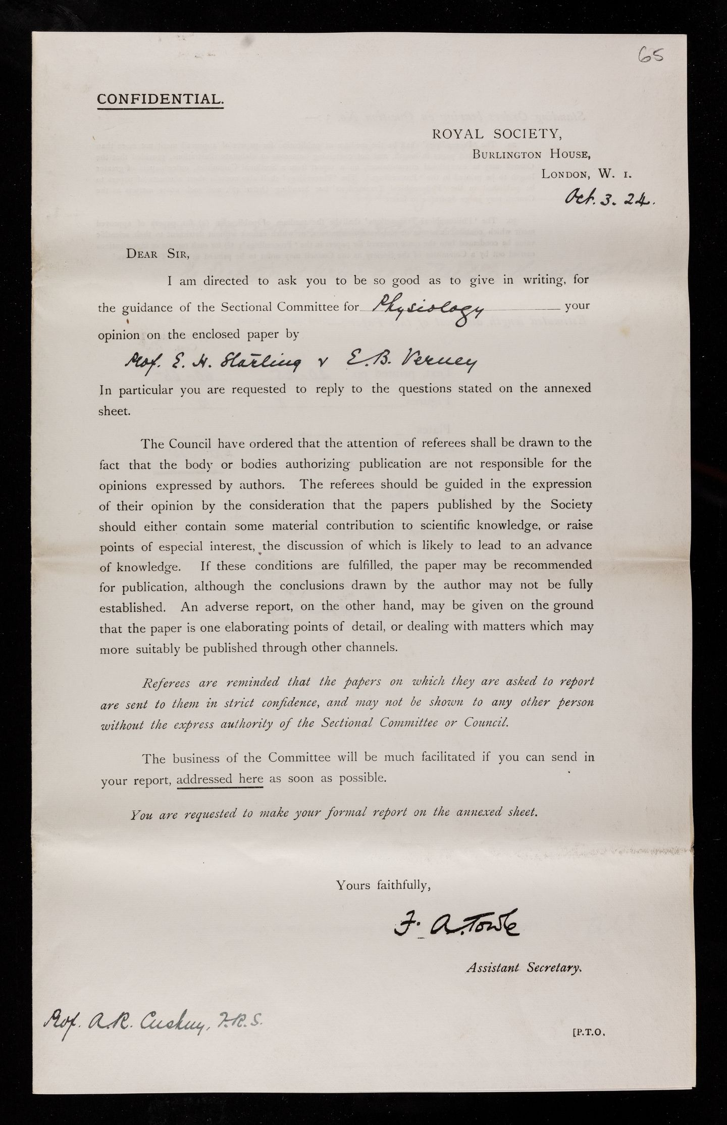 Referee's report by Arthur Robertson Cushny, on a paper 'The secretion ...