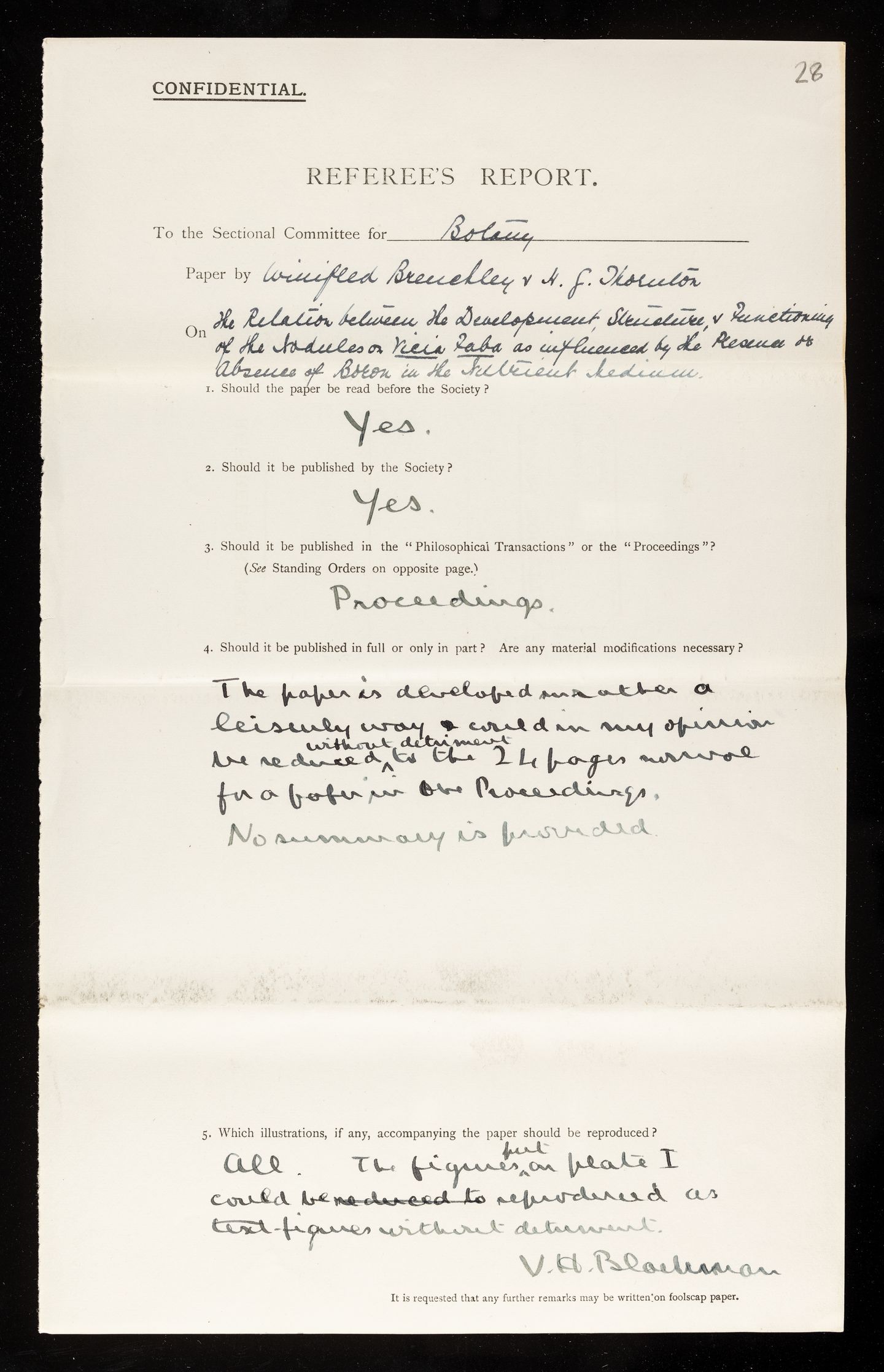 Referee's report by Vernon Herbert Blackman, on a paper 'The relation between the devlopment ...