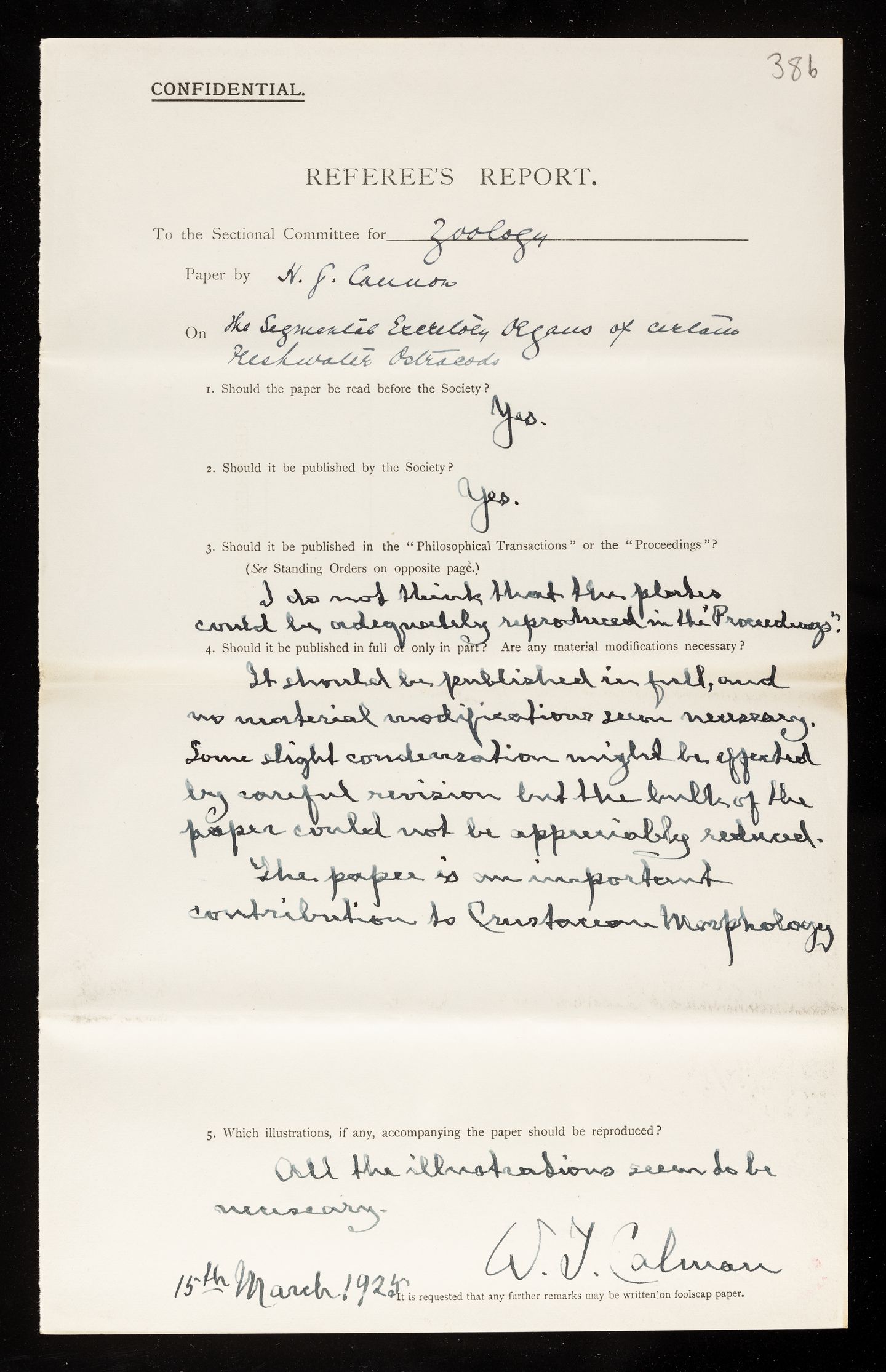 Referee's report by William Thomas Calman, on a paper 'On the segmental excretory organs of ...