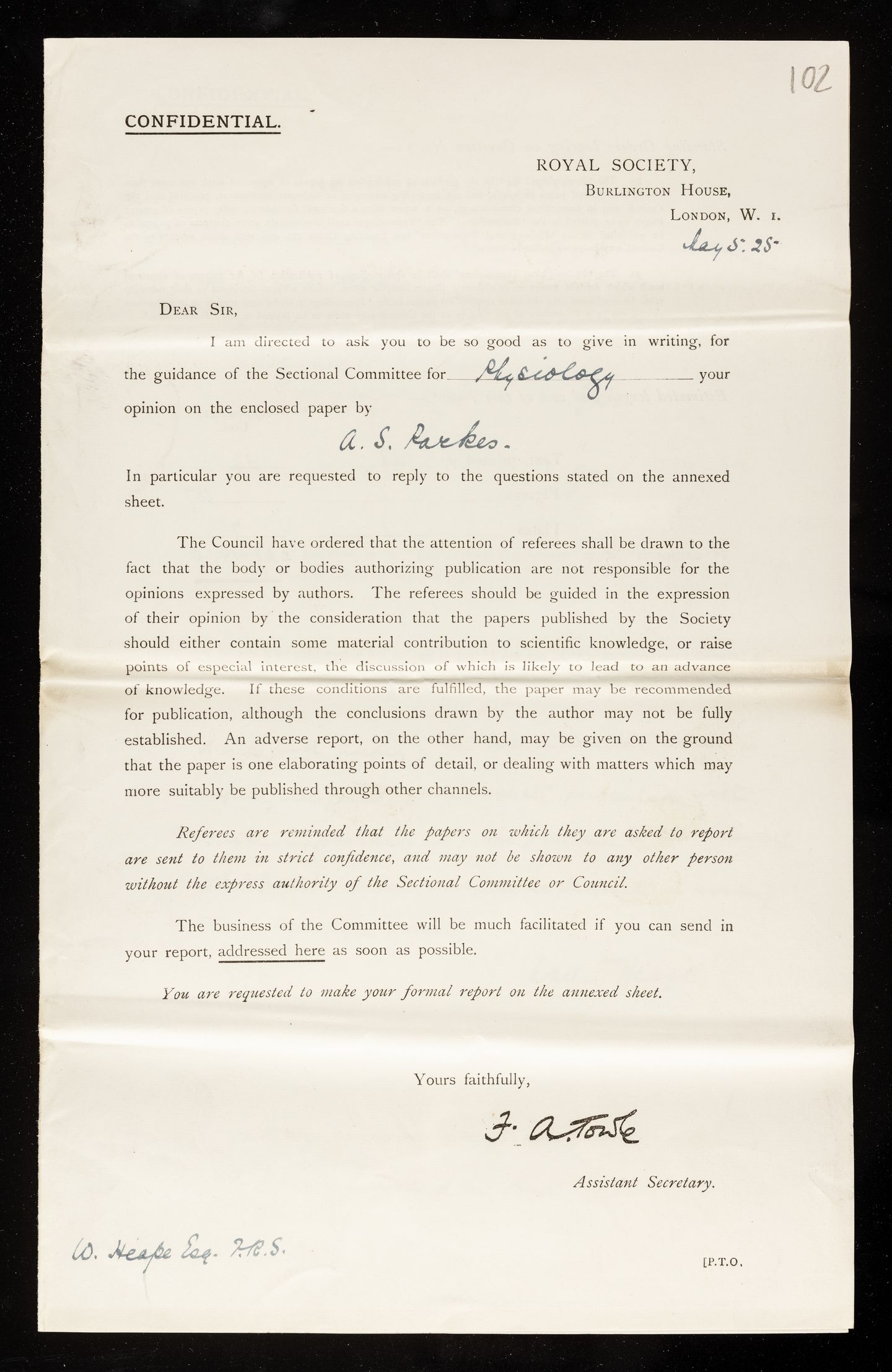 Referee's report by Walter Heape, on paper 'The effects on fertility ...