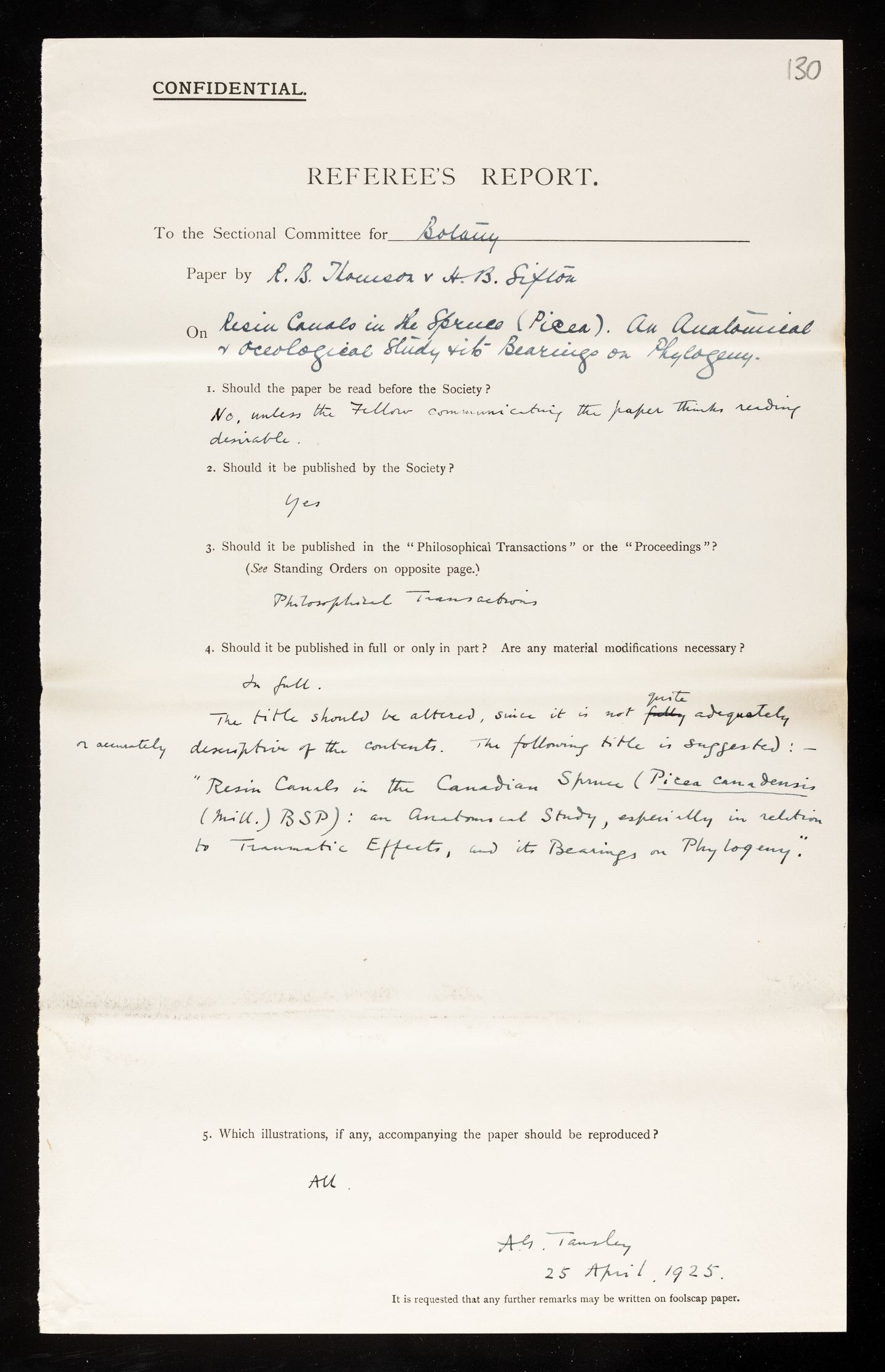 Referee's report by Arthur George Tansley, on a paper 'Resin canals in ...