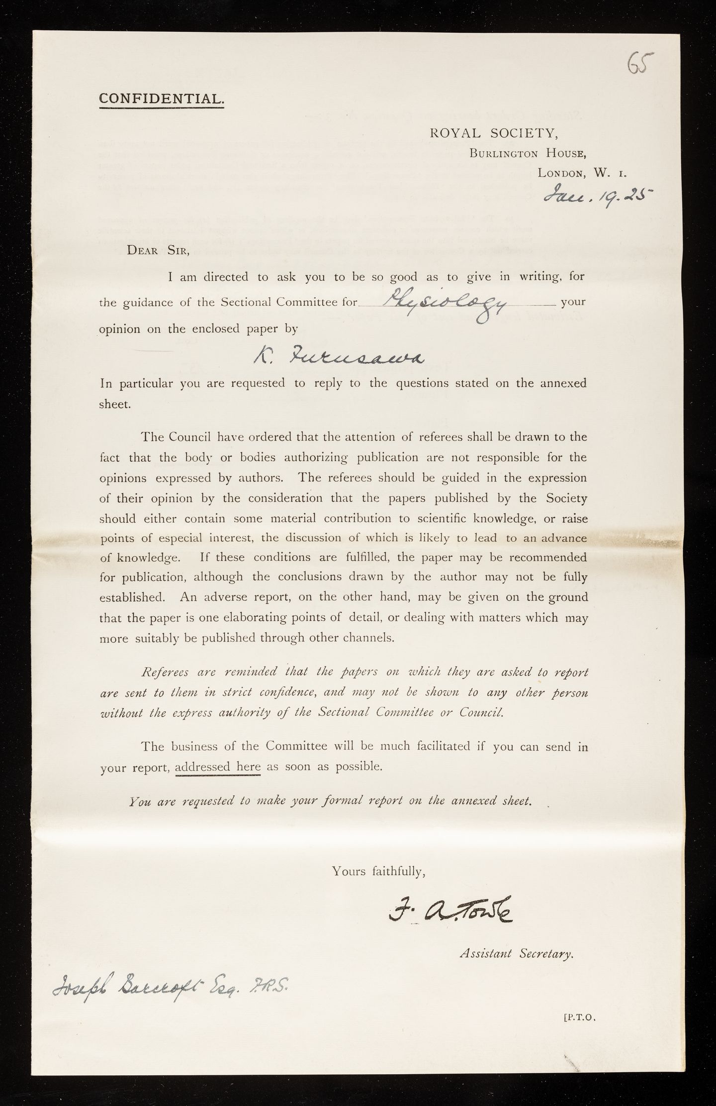 Referee's report by Joseph Barcroft, on a paper 'Muscular exercise ...