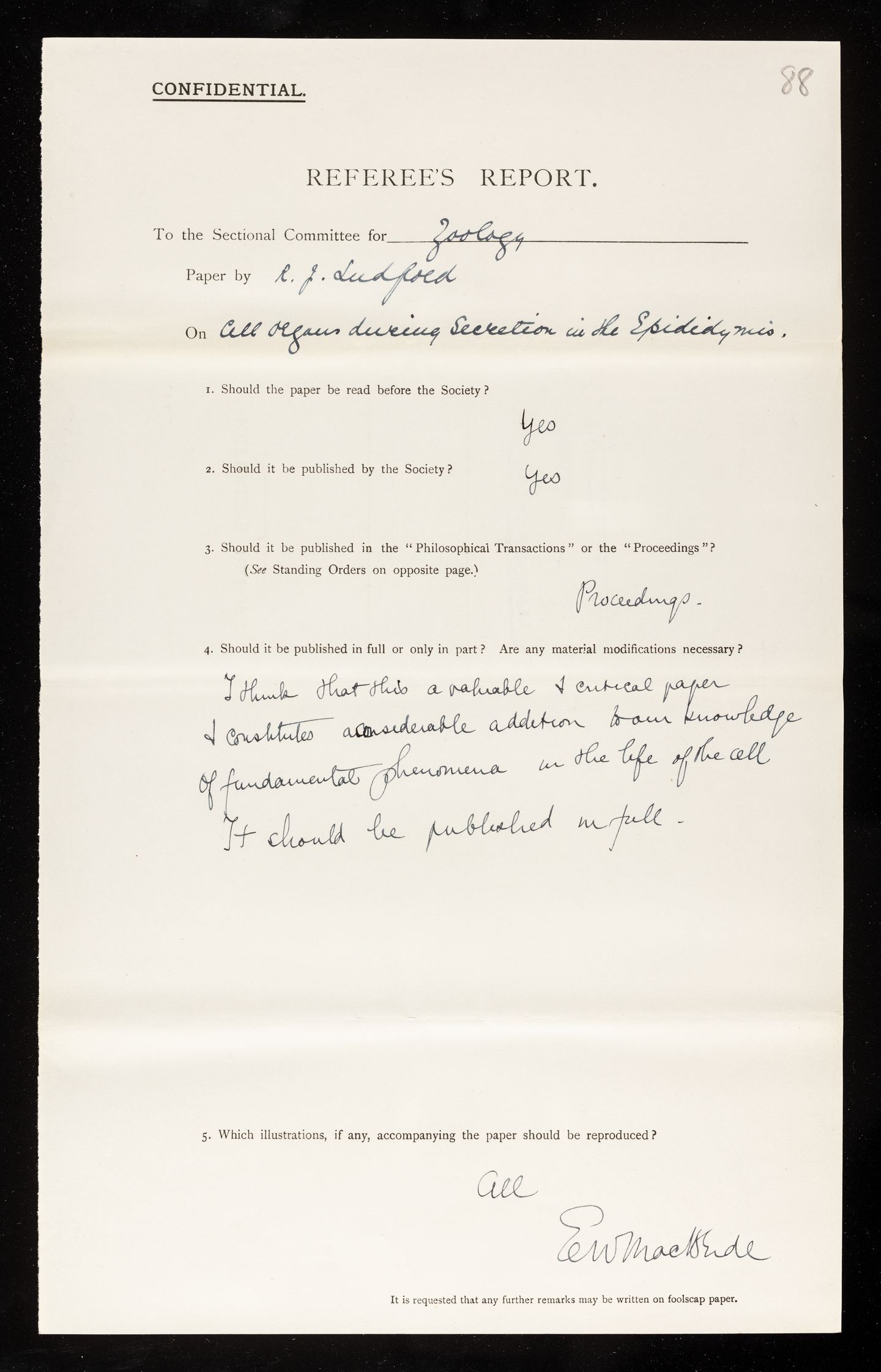 Referee's report by Ernest William MacBride, on a paper 'Cell organs during secretion in the ...