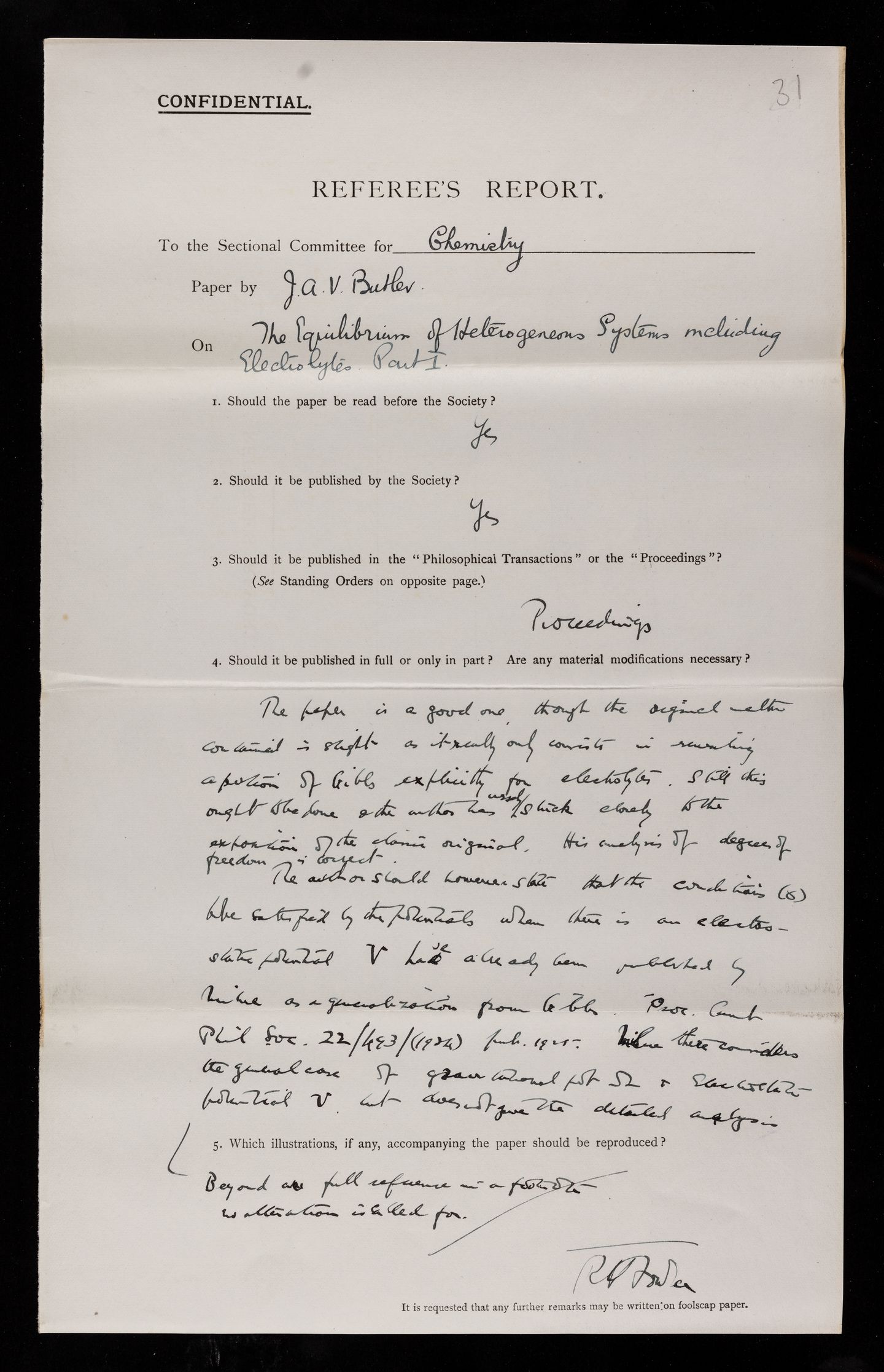 Referee's report by Ralph Howard Fowler, on a paper 'The equilibrium of ...
